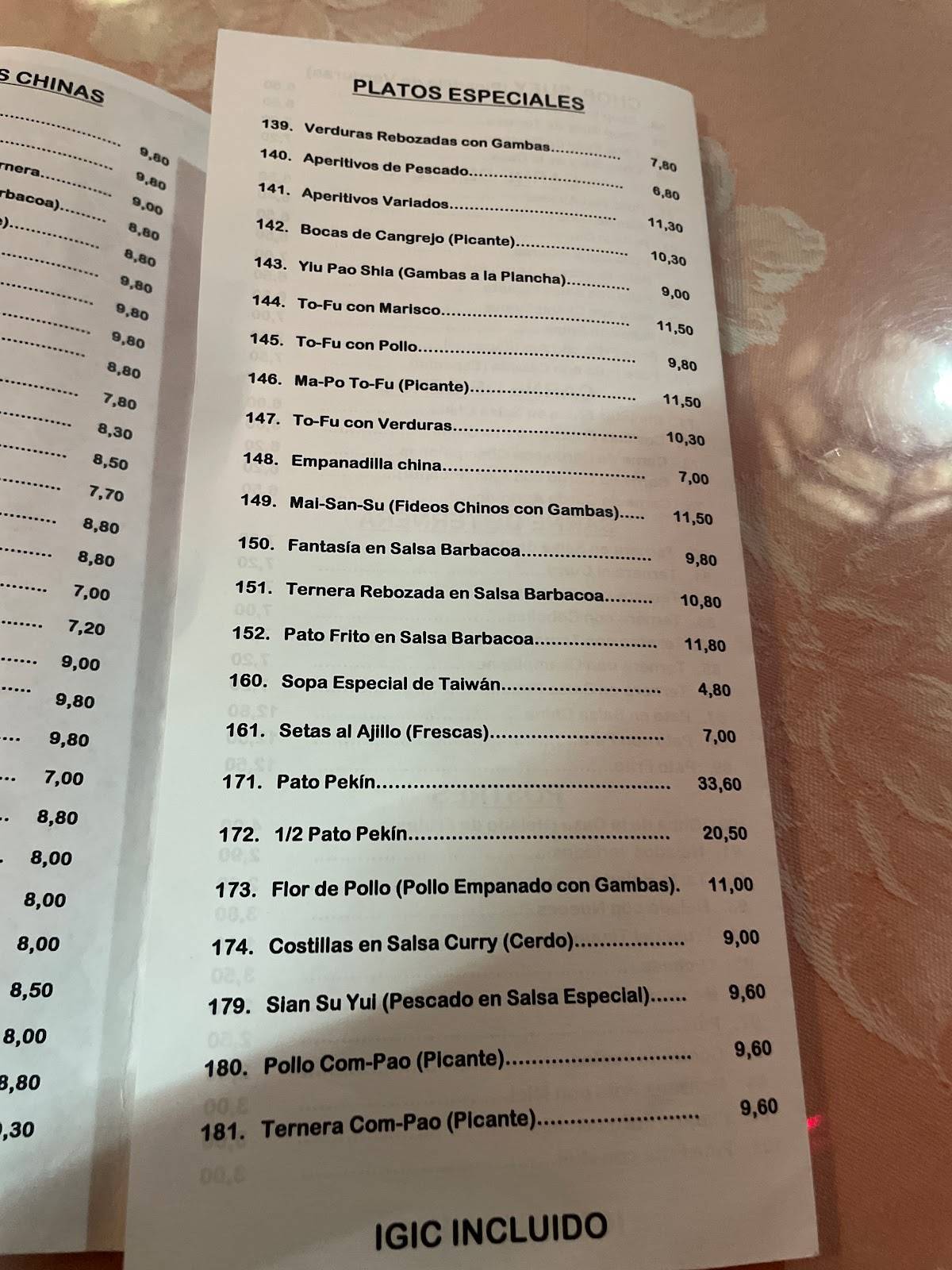 Menu at Restaurante Taiwan, Arrecife