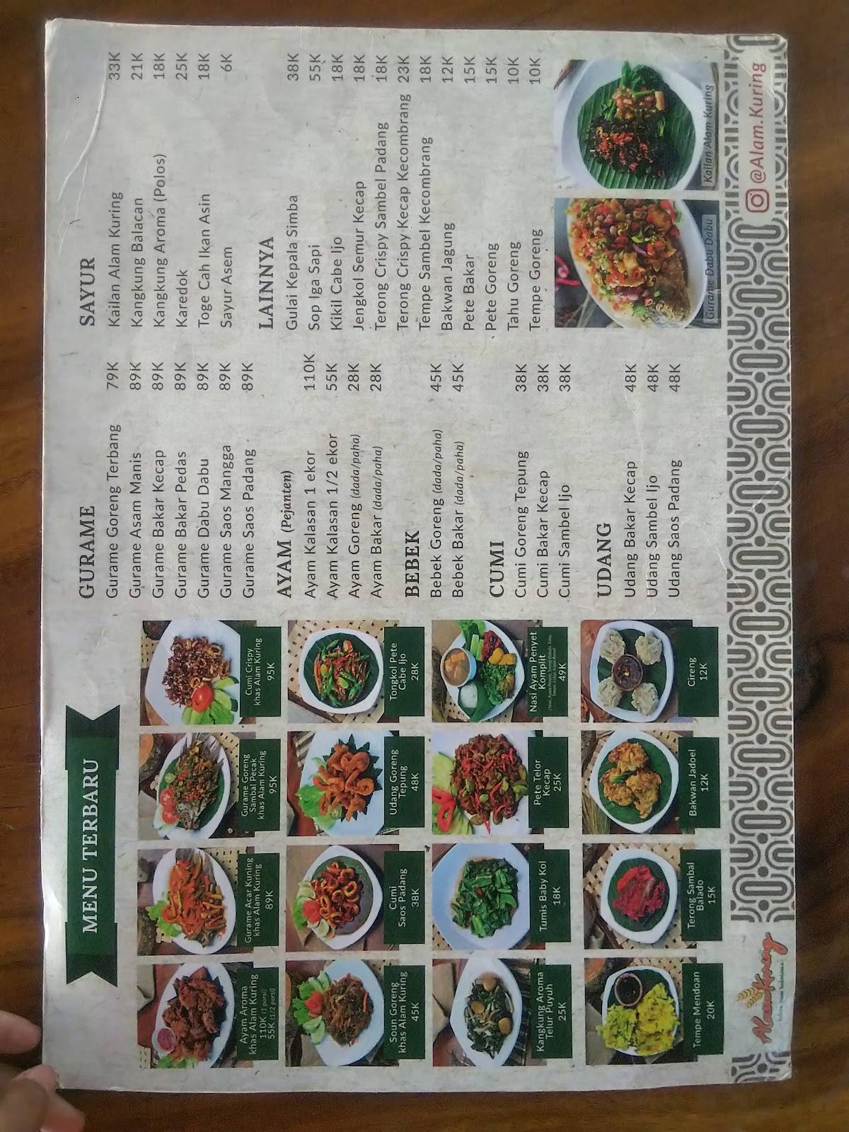 Menu at Resto Alam Kuring restaurant, Bandar Lampung