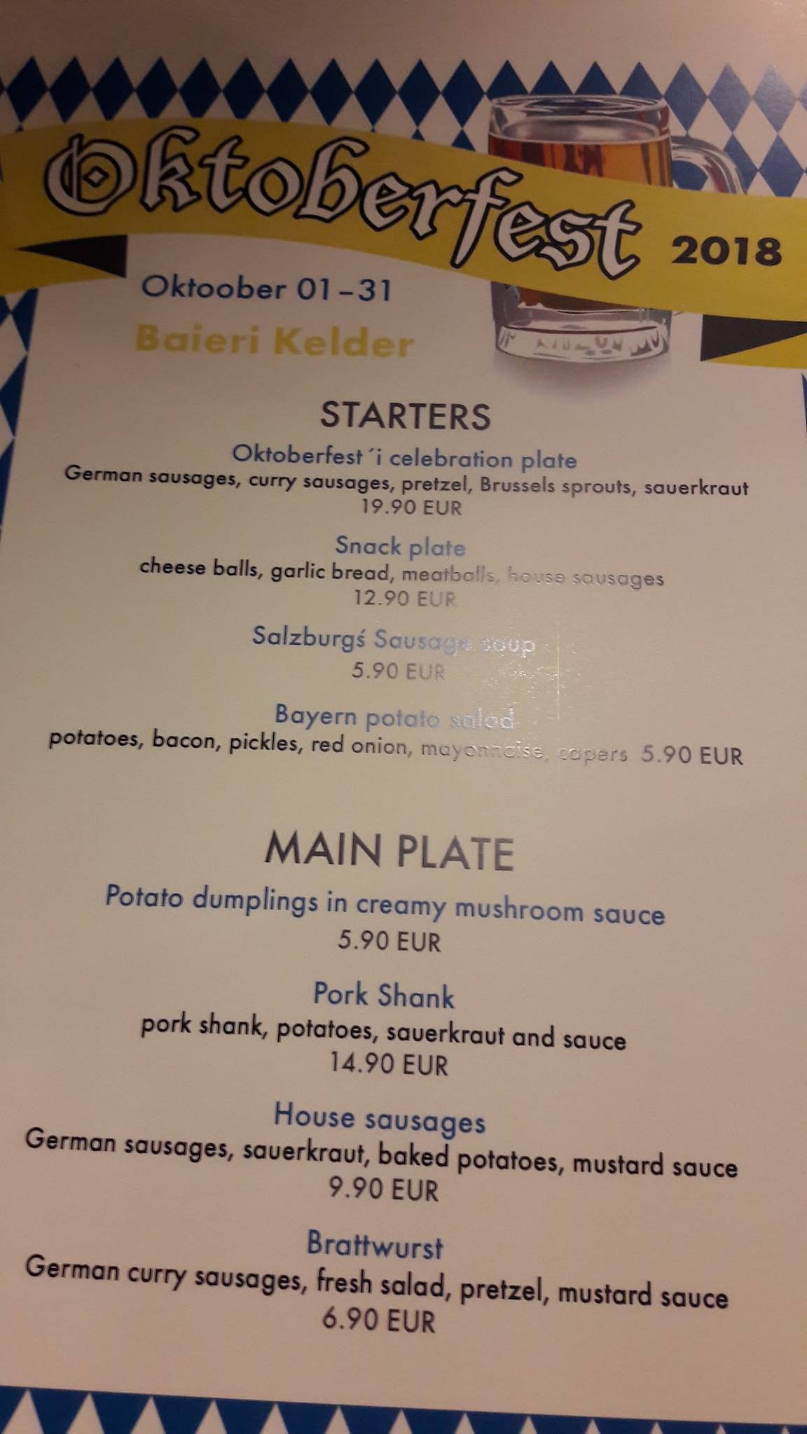 Menu at Restoran Baieri kelder restaurant, Tallinn