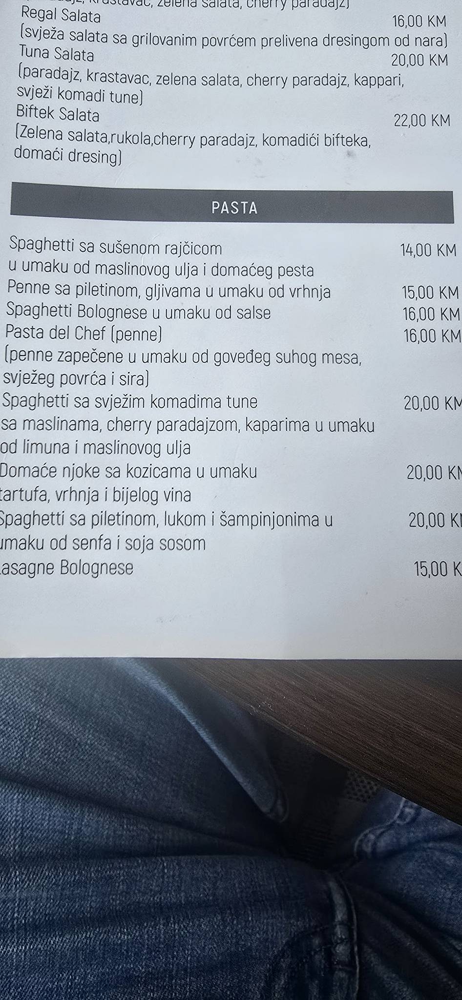 Menu at Restoran Regal restaurant, Sarajevo