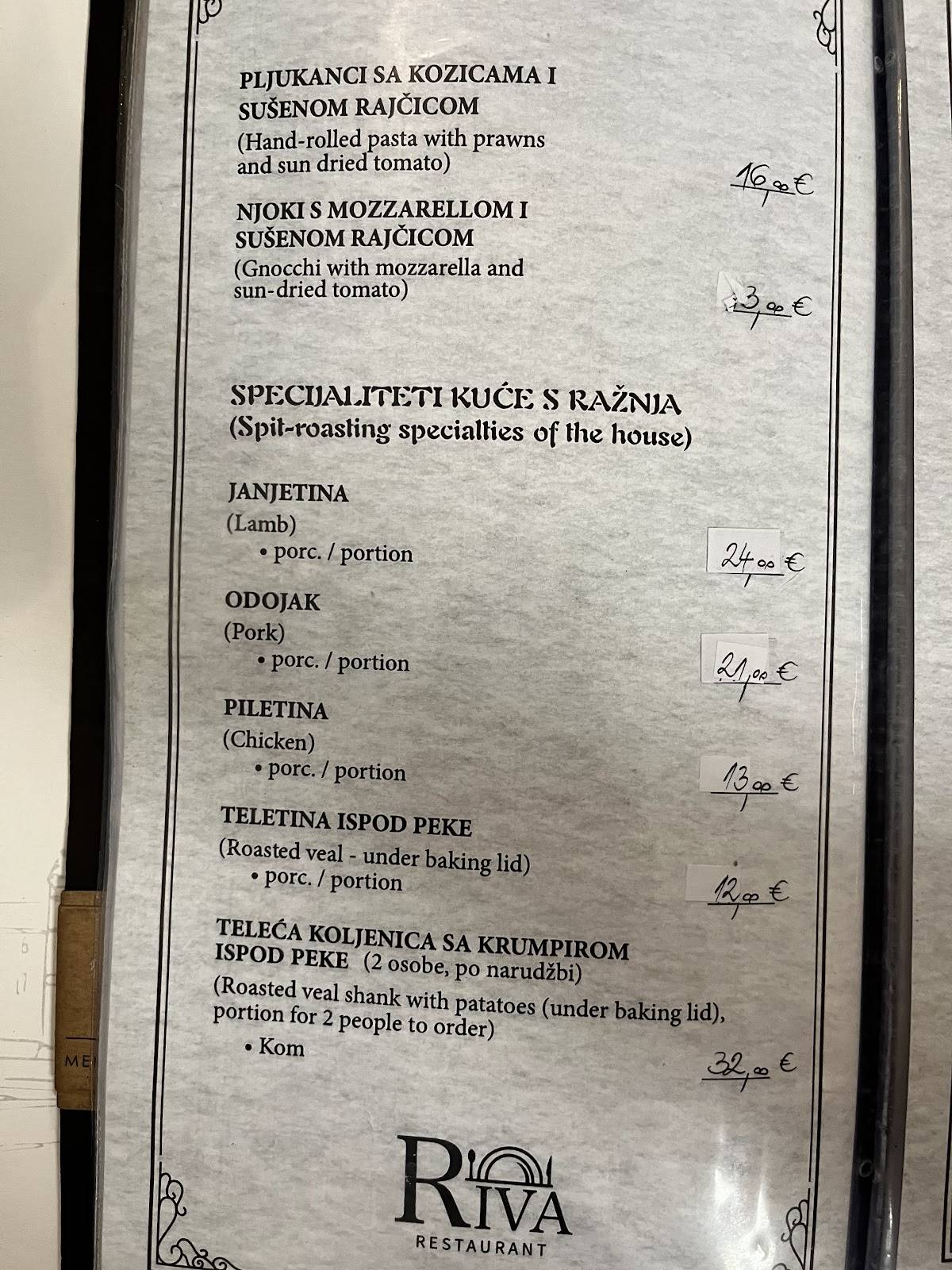 Menu at Restoran Riva restaurant, Zadar