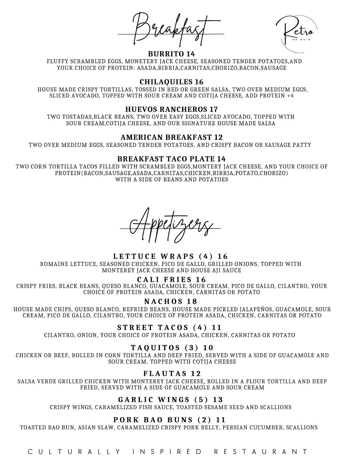 Menu at Retro Taco pub & bar, Riverside