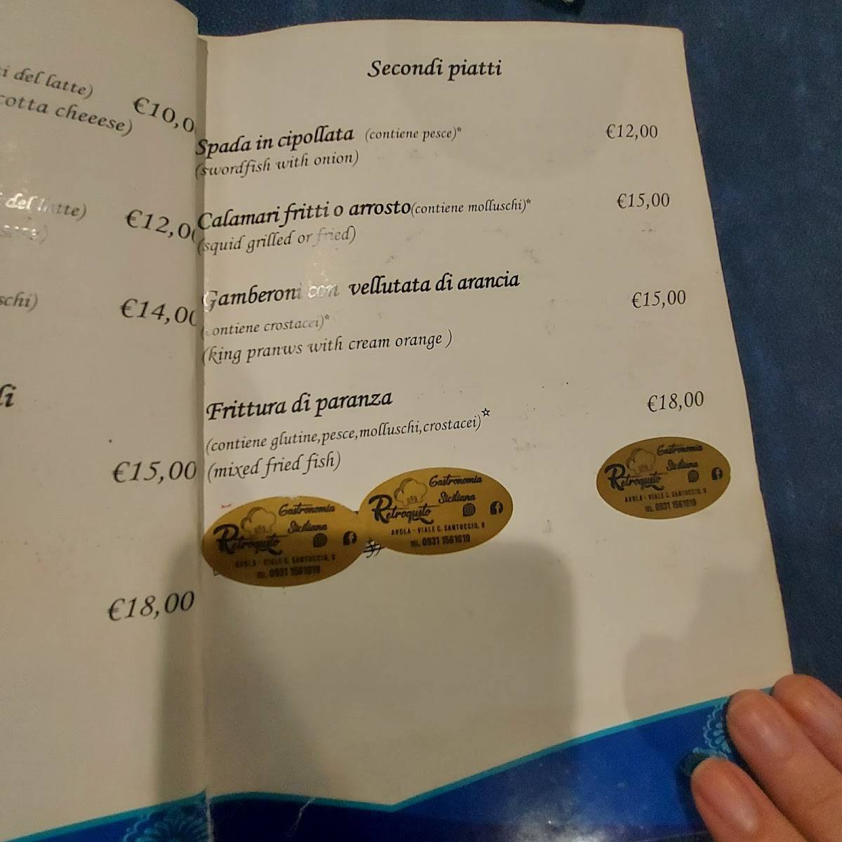 Menu at Retrogusto restaurant, Avola, Viale Lido
