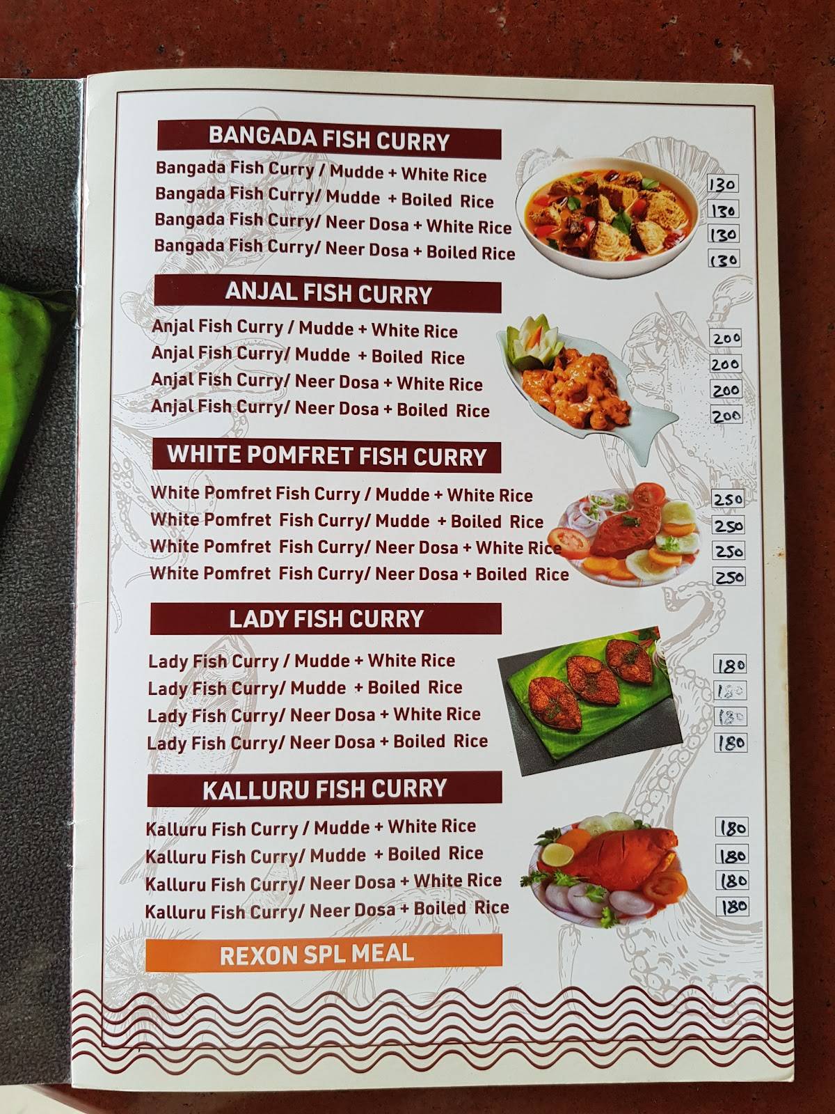 Menu at Rexon fish boat, Bengaluru