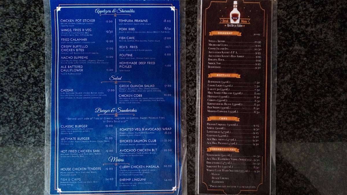 Menu at Rex's pub & bar, Toronto, 635 Bay St.