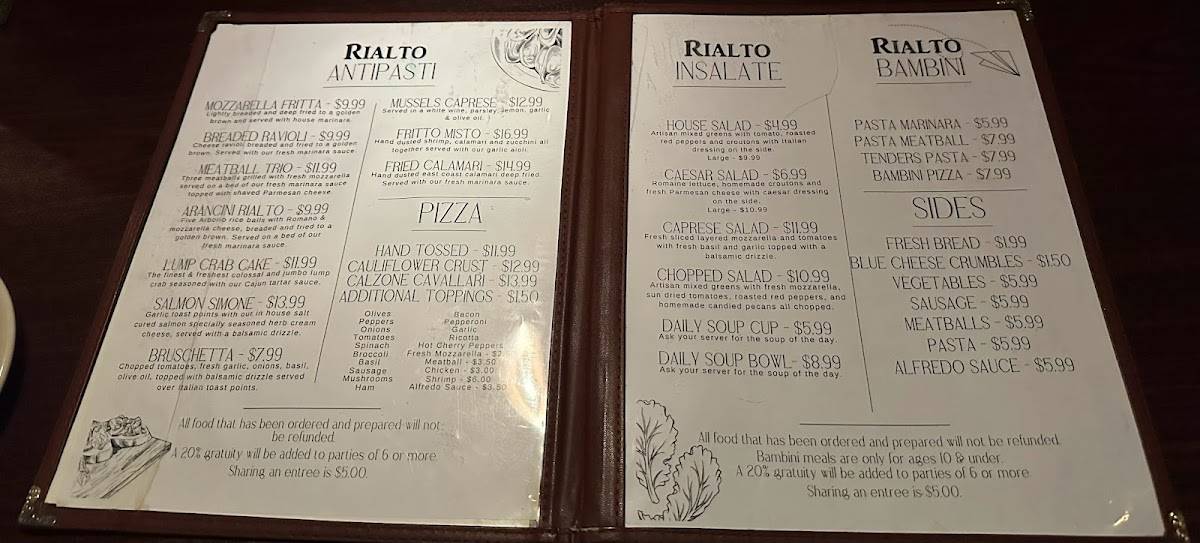Menu at Rialto restaurant, Vidalia