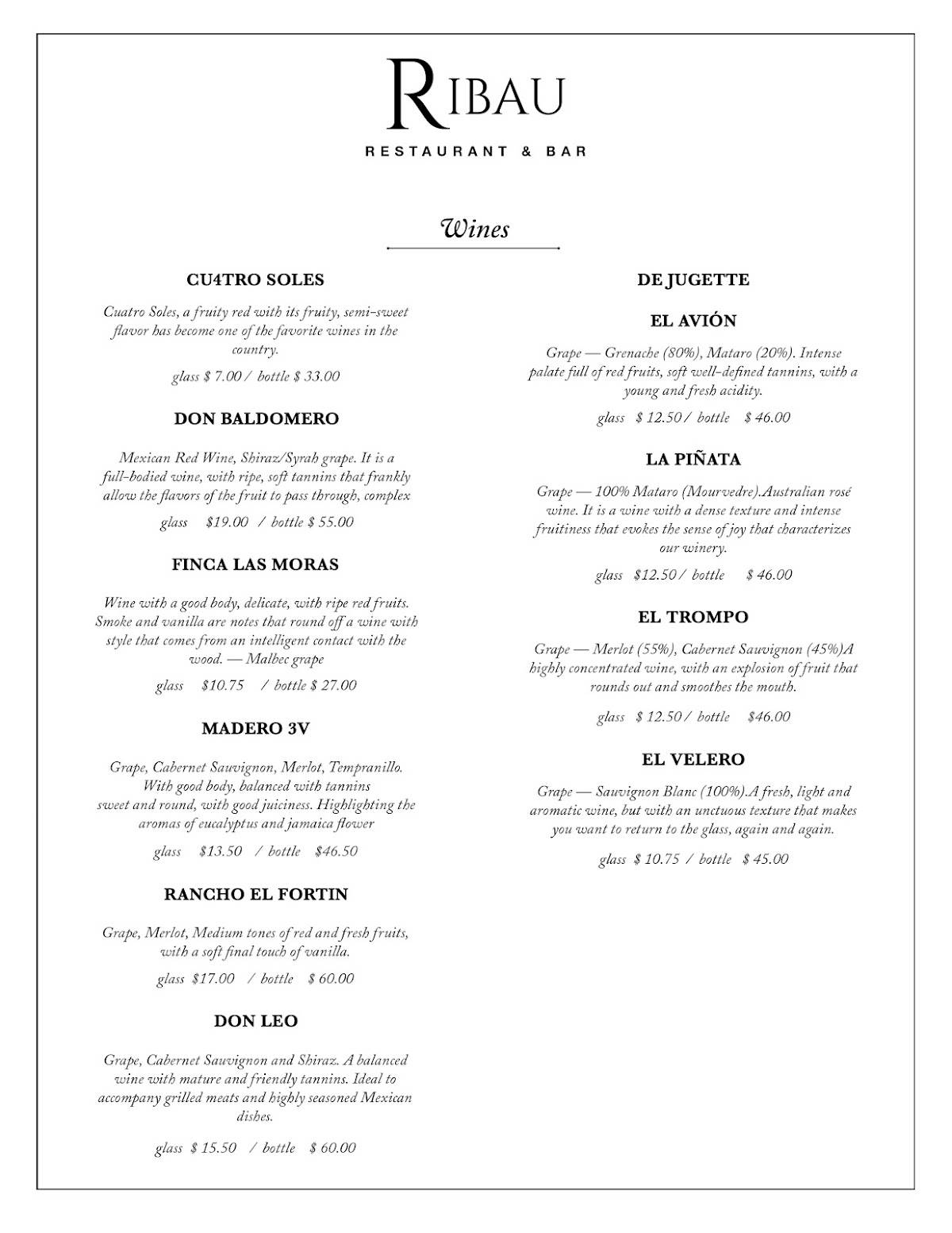 Menu at Ribau Restaurante & Bar, Piedras Negras
