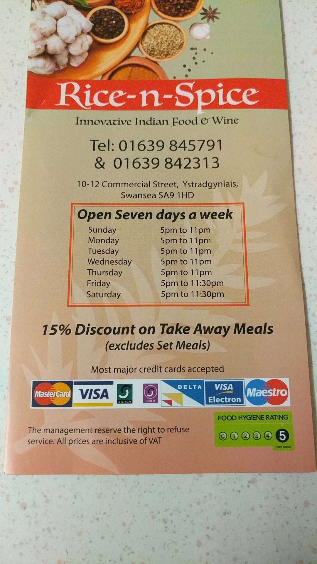 Menu at Rice & Spice restaurant, Ystradgynlais
