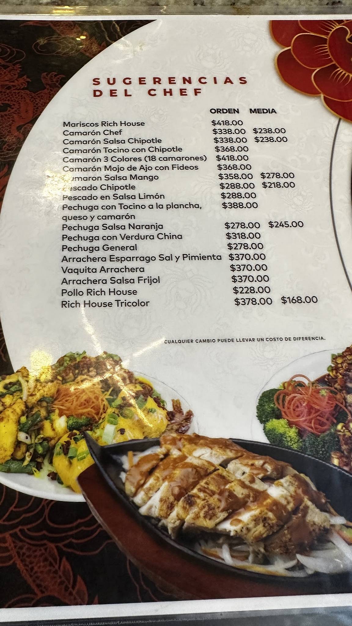 Menu at Rich House restaurant, Mexicali
