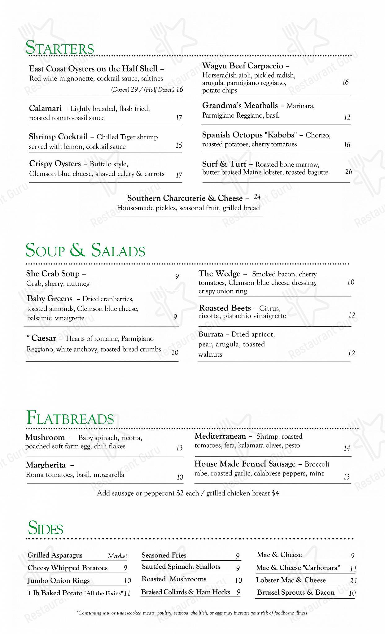 Menu at Rick Erwin's Eastside steakhouse, Greer