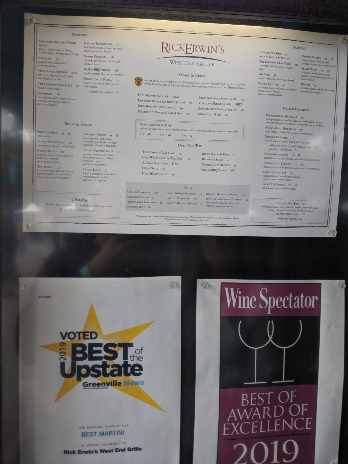 Menu at Rick Erwin's West End Grille pub & bar, Greenville