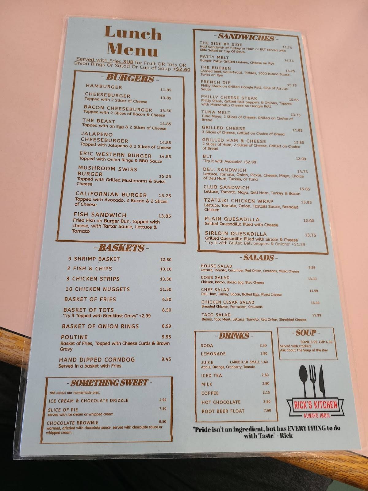 Menu at Rick's Kitchen restaurant, Yuma, S Frontage Rd
