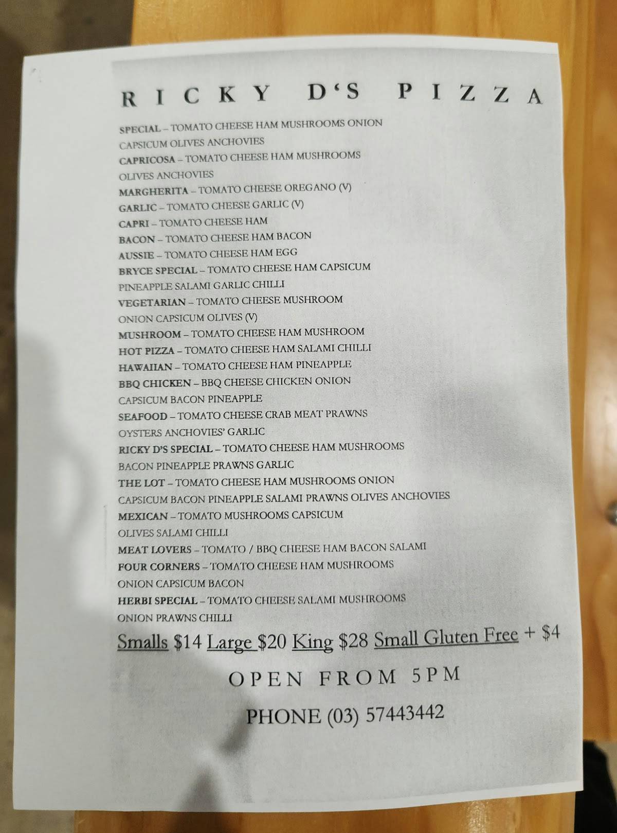 Menu at Ricky D's Pizza restaurant, Mulwala
