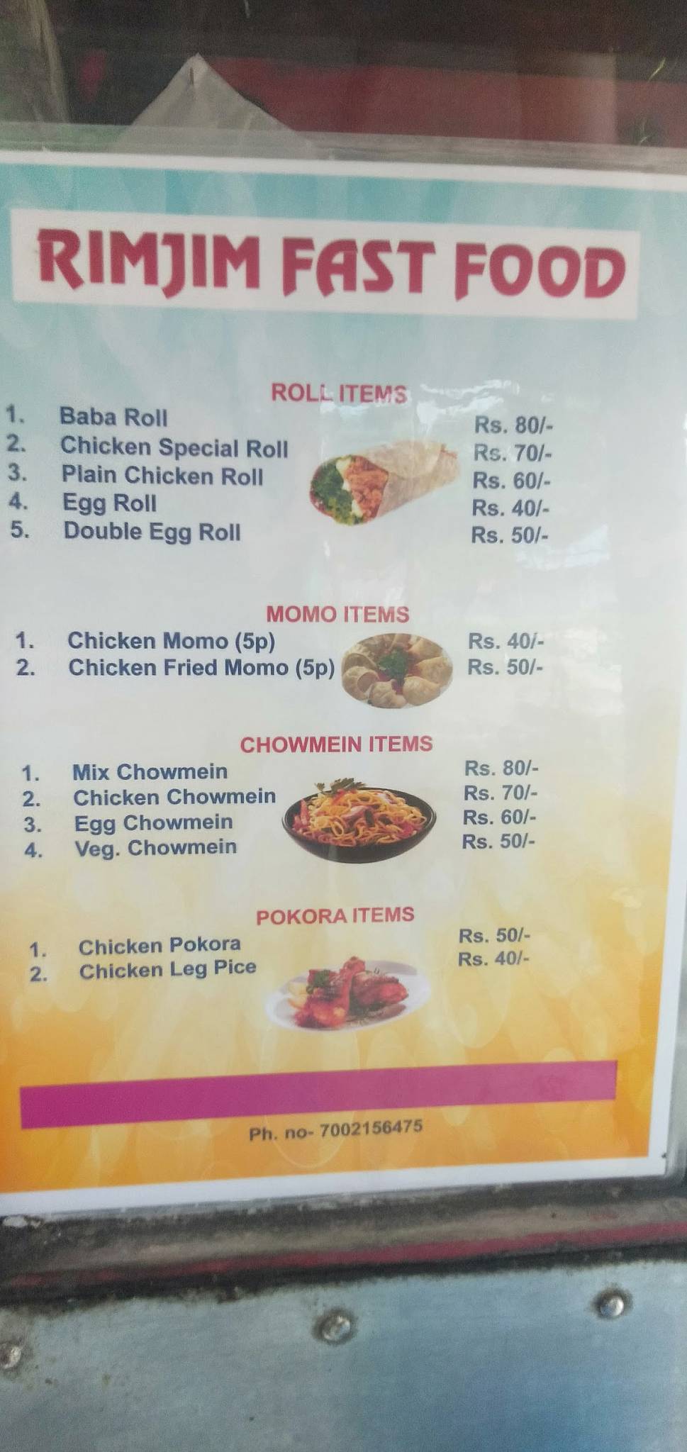 Menu at Rim Jim Fast Food, India