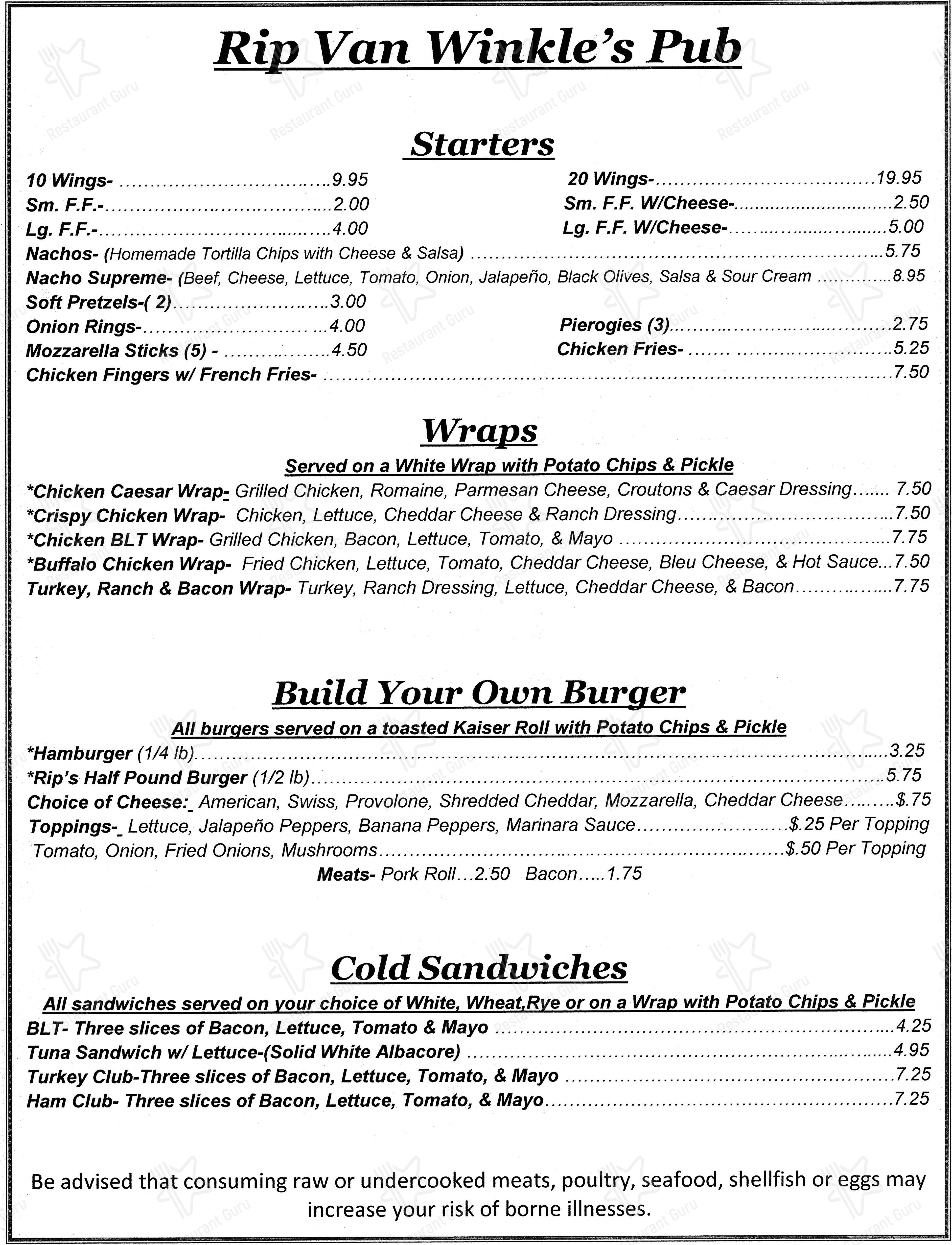 Carta de Rip Van Winkles' Pub, Easton