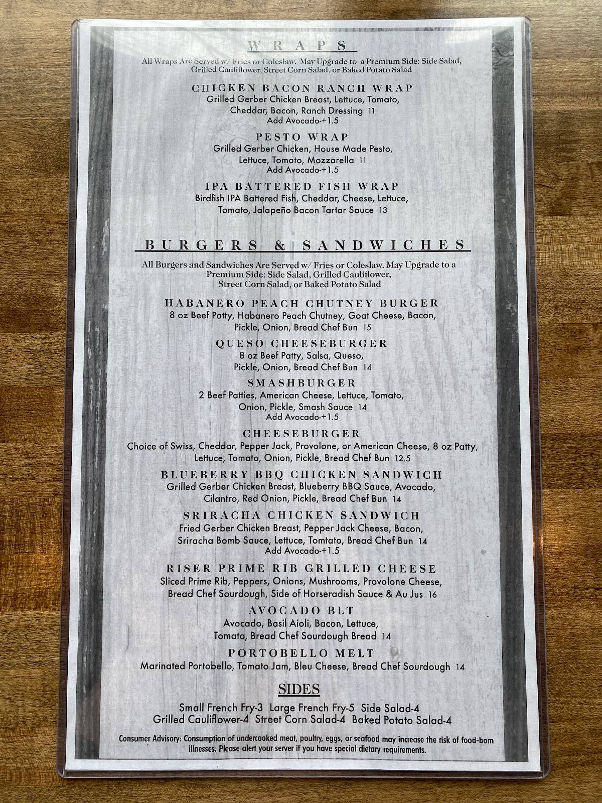 Menu at Riser Tavern on the Links pub & bar, Columbiana