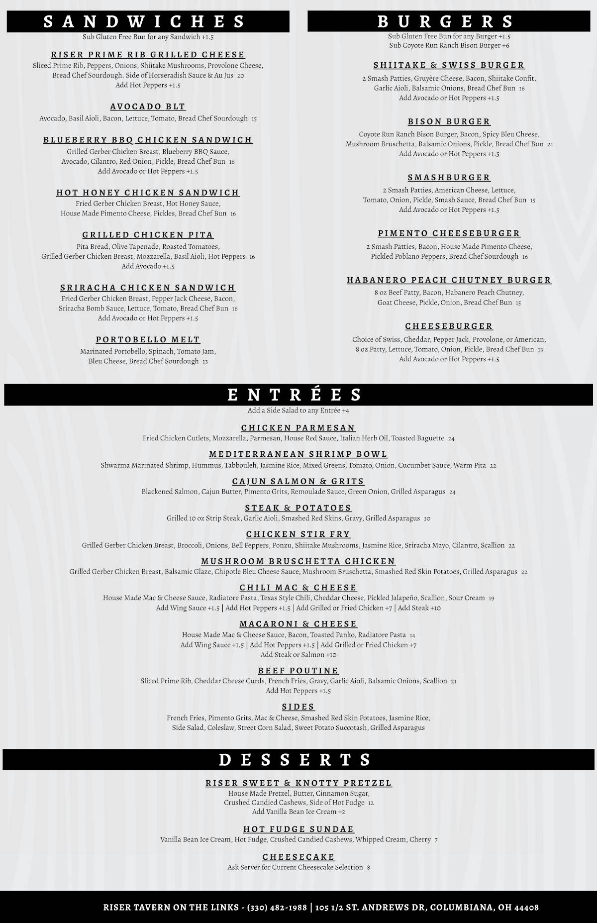 Menu at Riser Tavern on the Links pub & bar, Columbiana