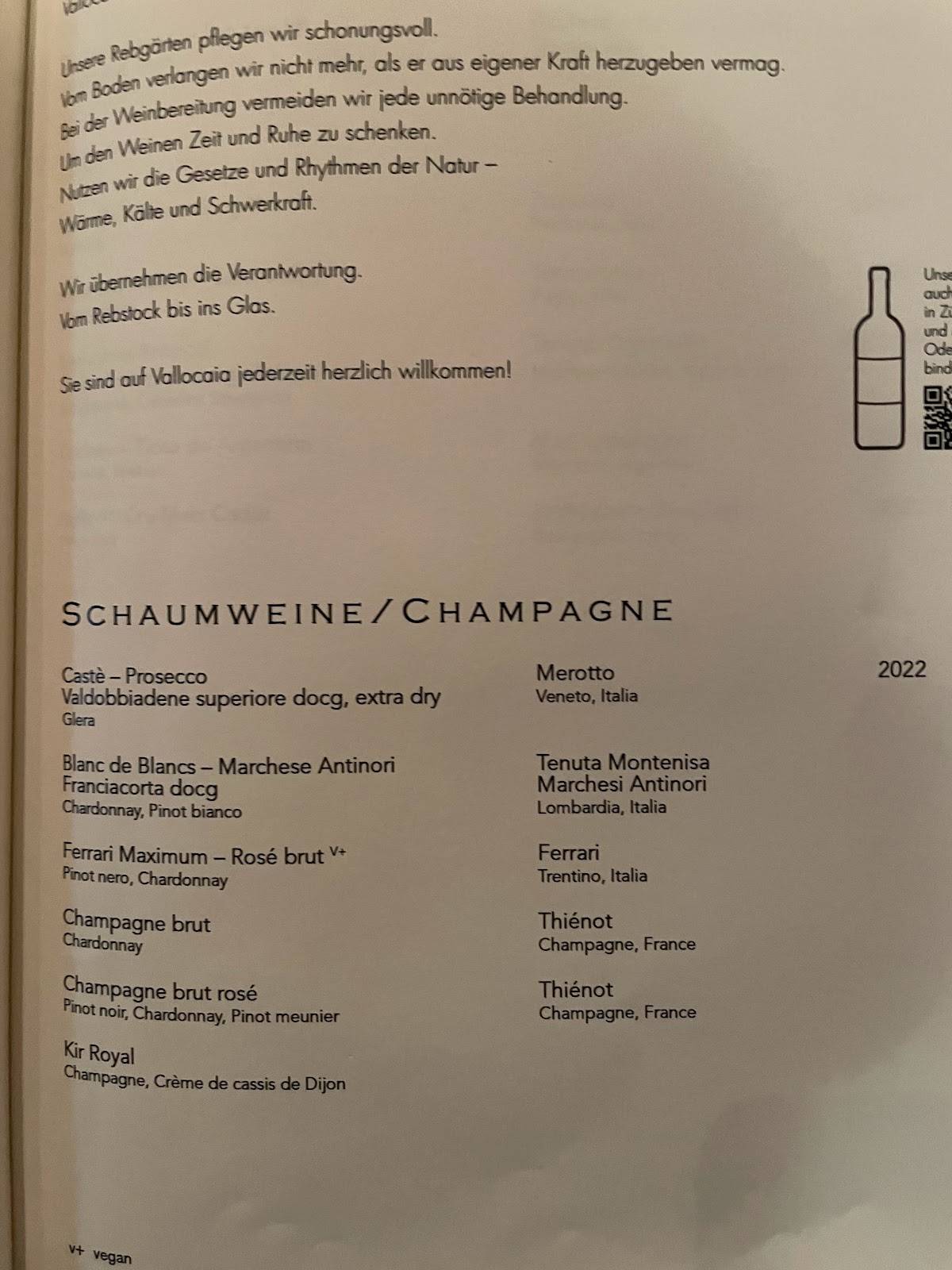 Menu at Ristorante Bianchi, Zürich