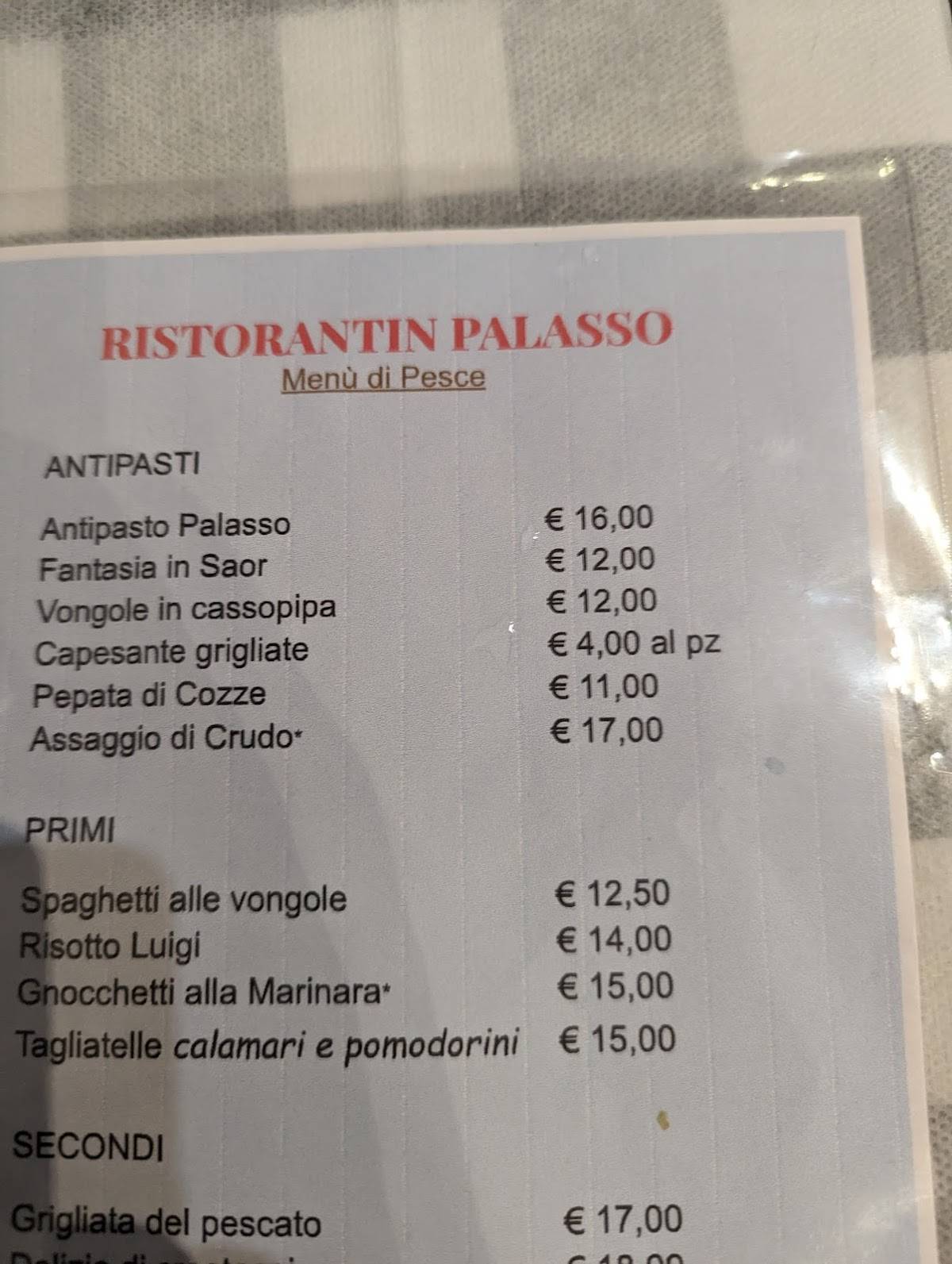 Menu da Ristorante Palazzo, Chioggia