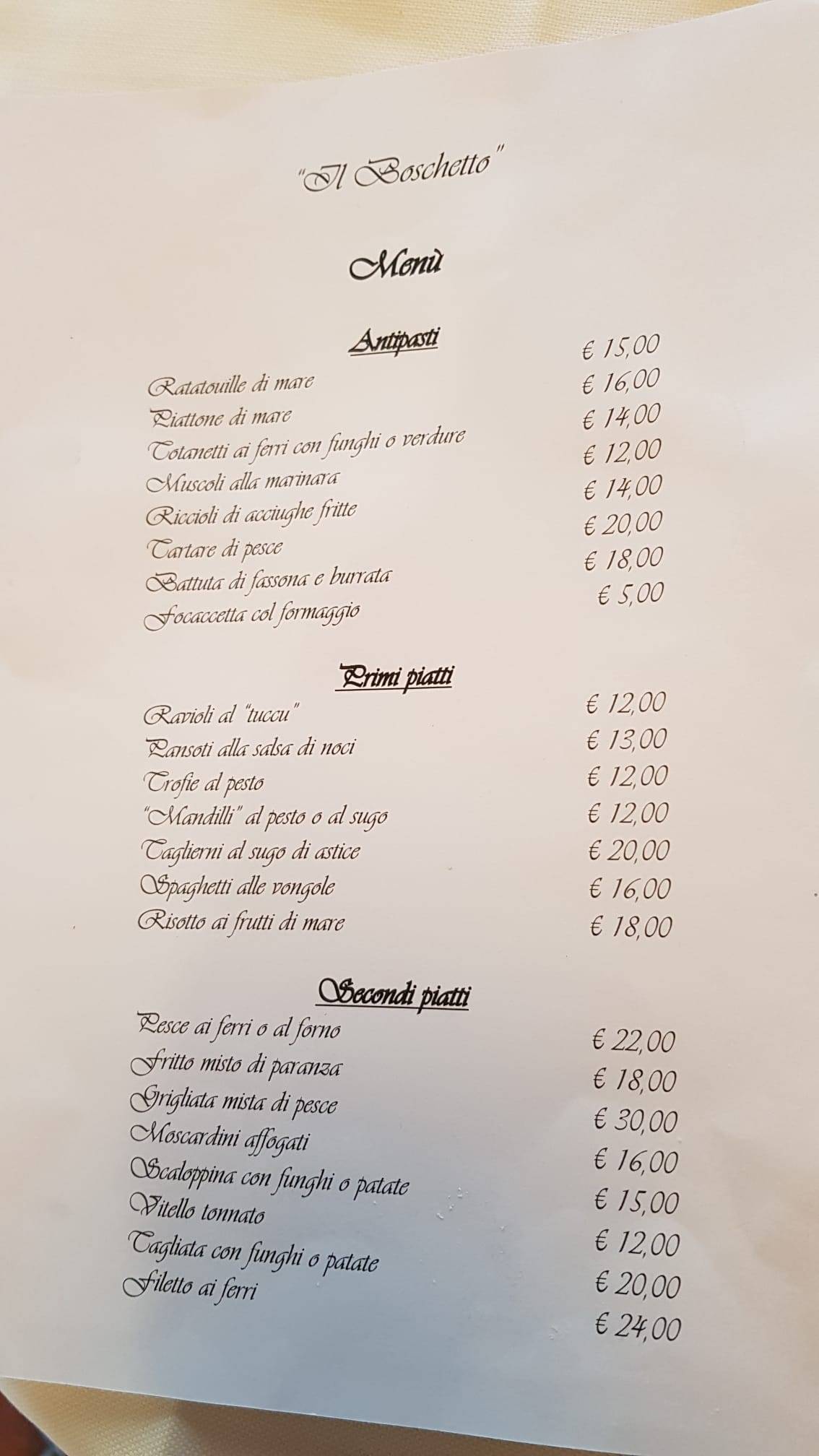 Menu at Ristorante Pizzeria Il Boschetto, Sori
