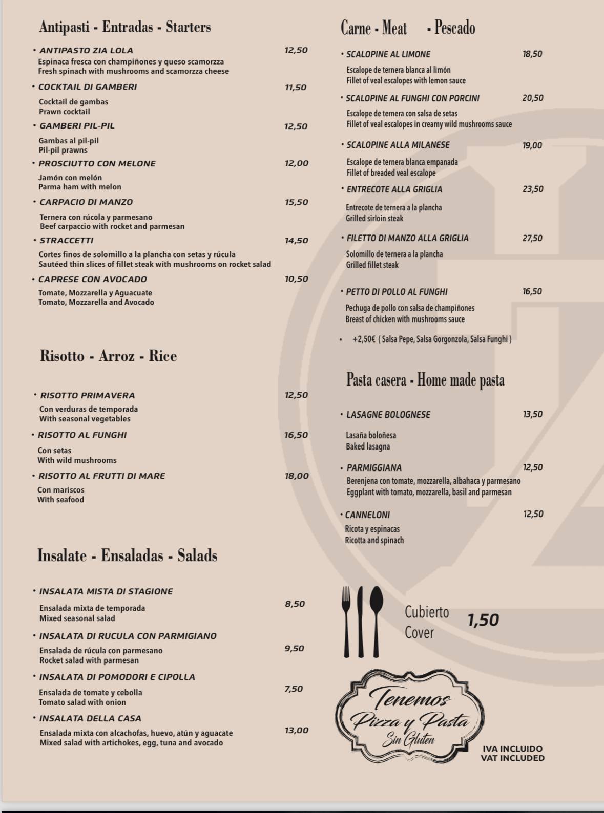 Menu at Ristorante Zia Lola restaurant, Fuengirola