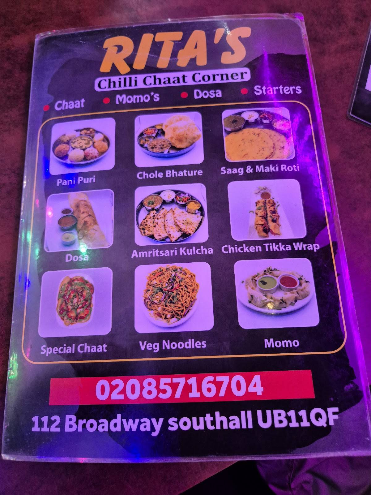 Menu at Rita's Chilli Chaat Corner restaurant, Southall