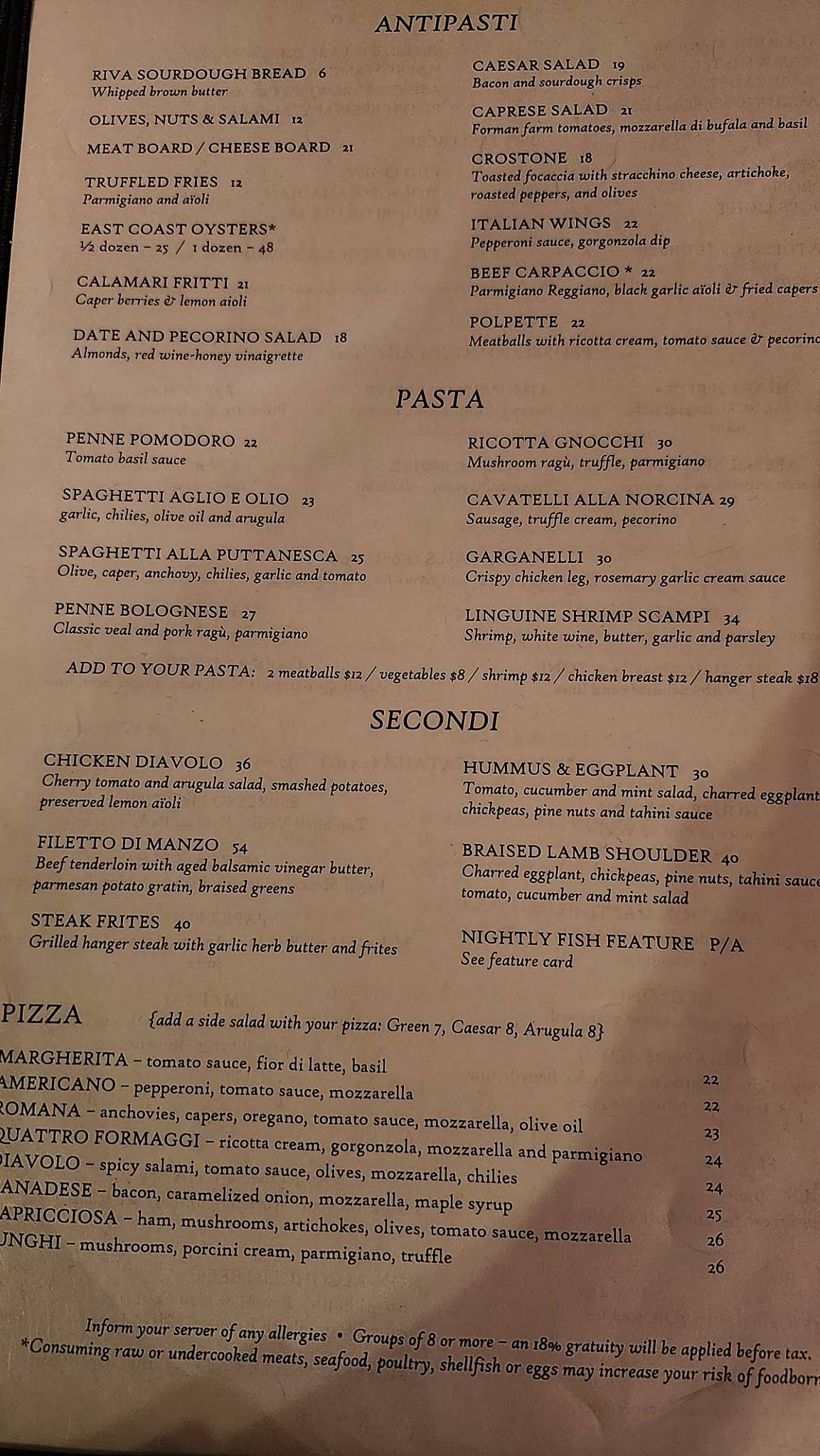 Menu at Riva restaurant, Gananoque