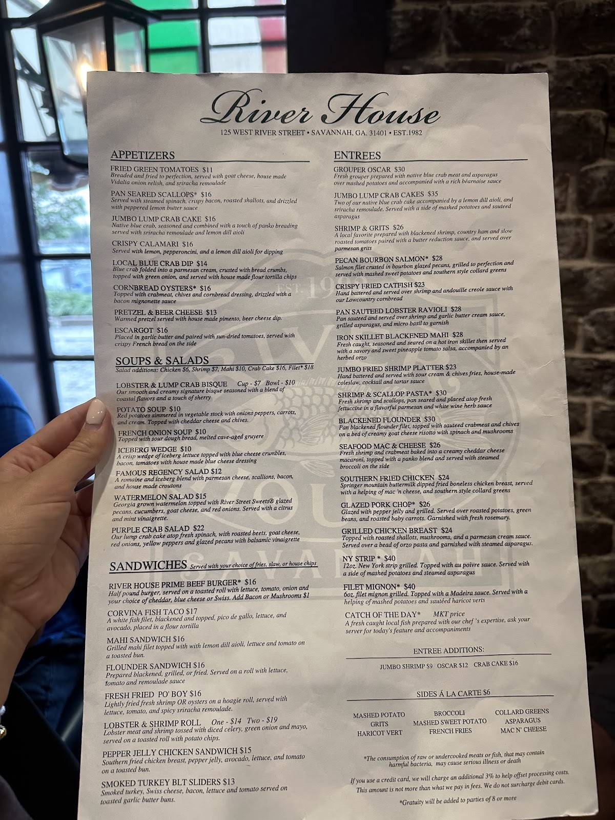 Menu at River House Seafood restaurant, Savannah, 125 W River St