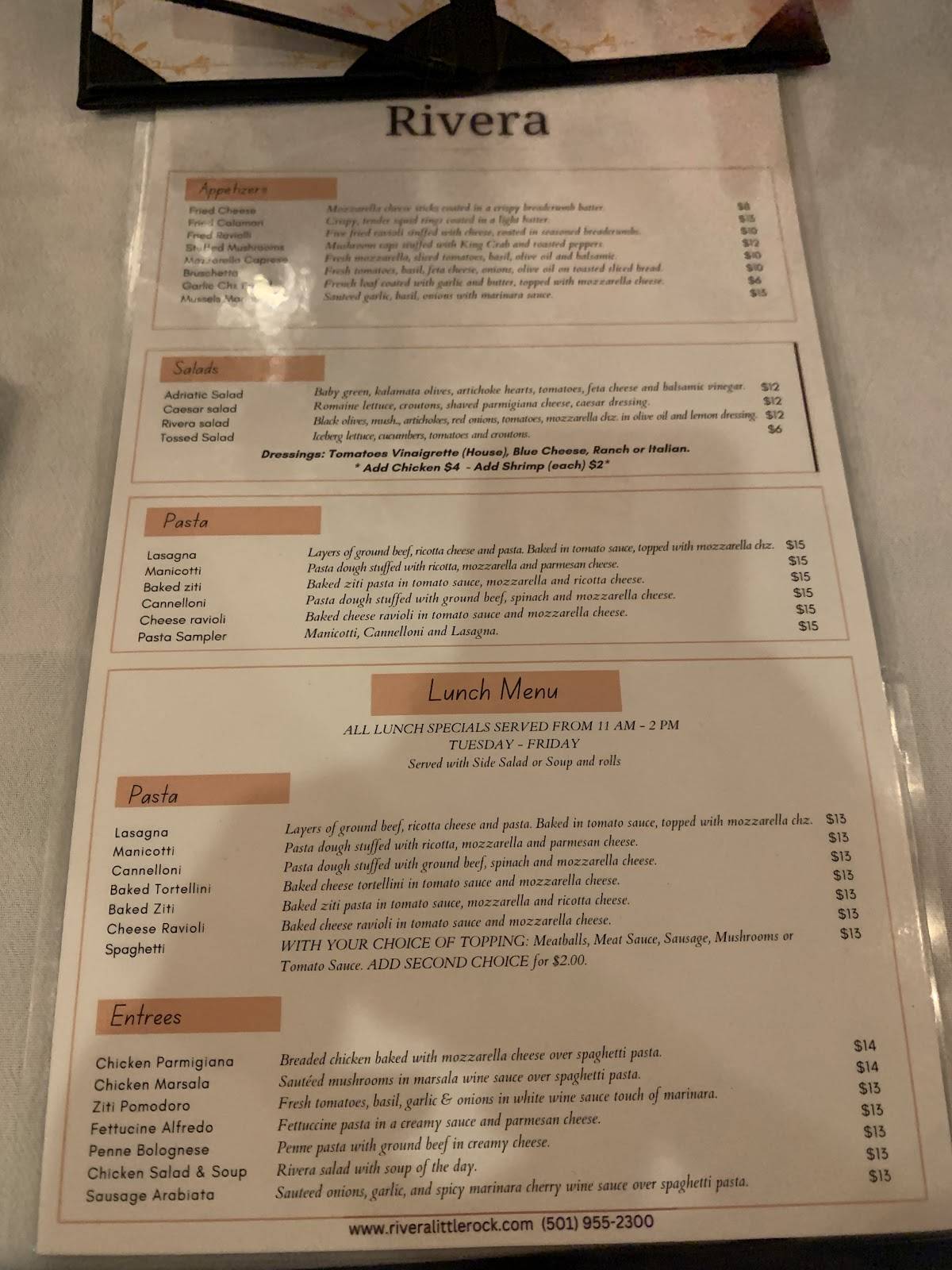 Menu at Rivera Italian Restaurant, North Little Rock