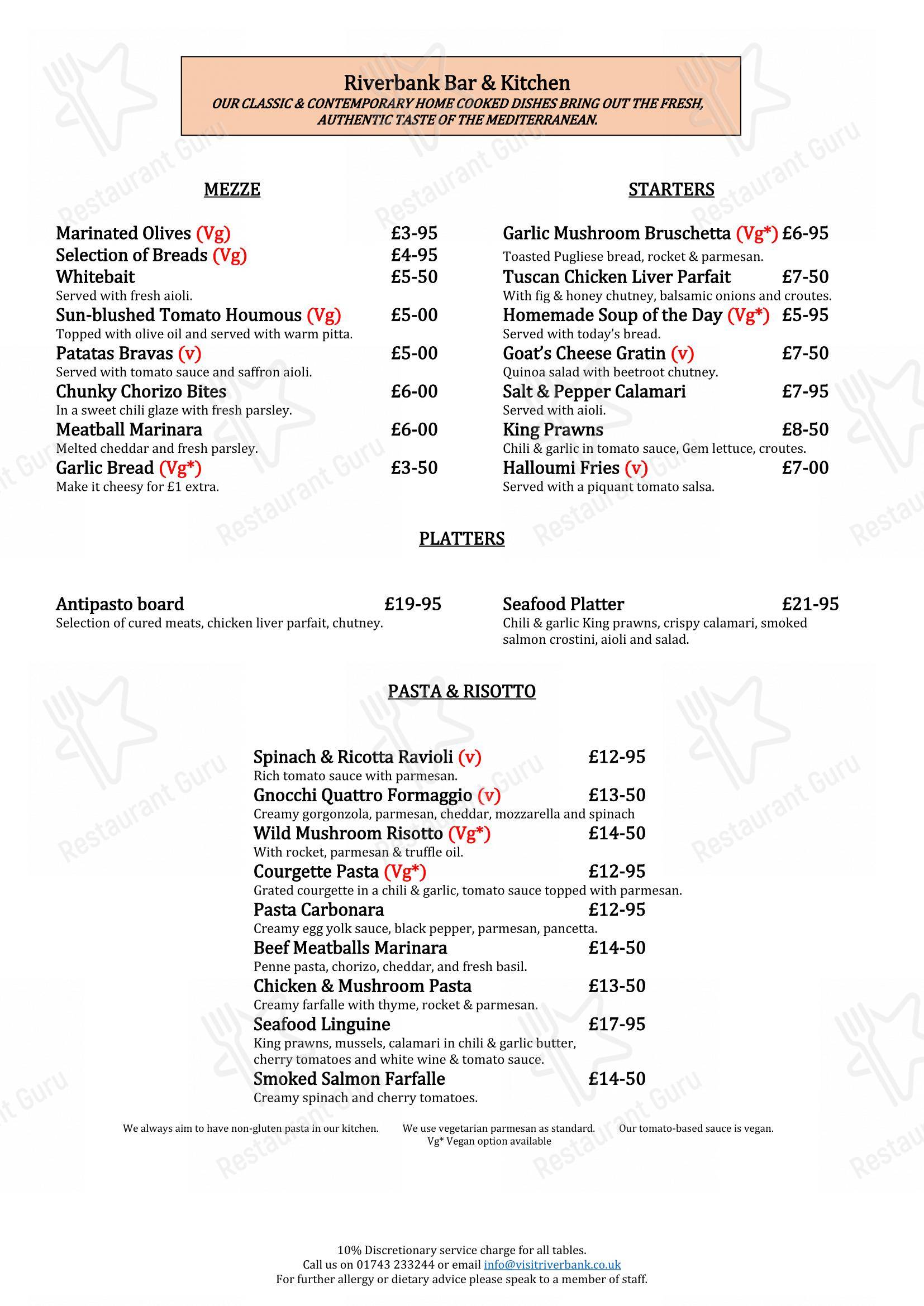 Menu at Riverbank Bar + Kitchen, Shrewsbury