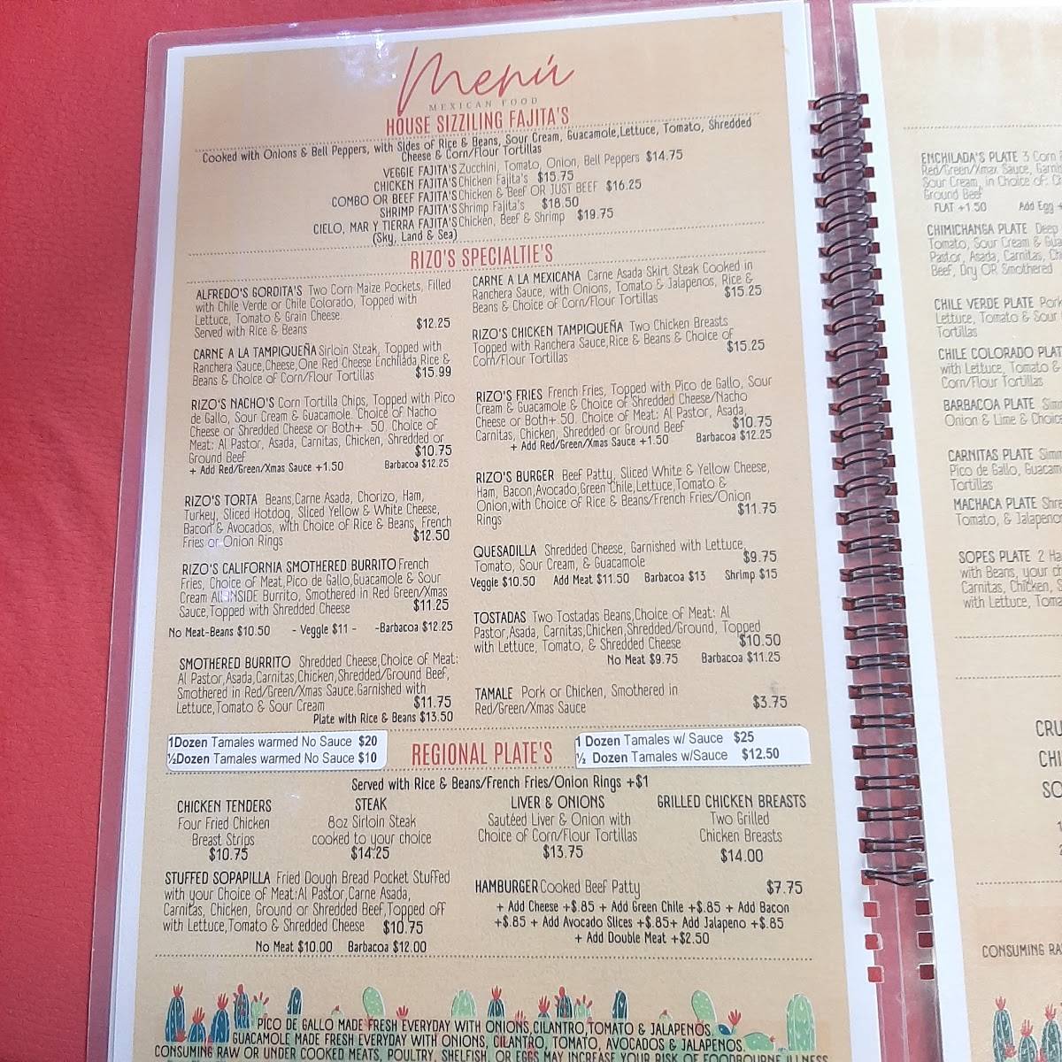 Menu at Rizo's Restaurant, Alamogordo