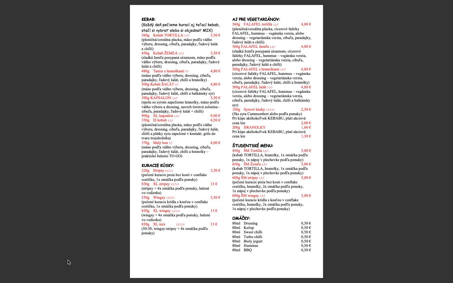 Menu at Deaf Kebab Rožňava restaurant, Rožňava