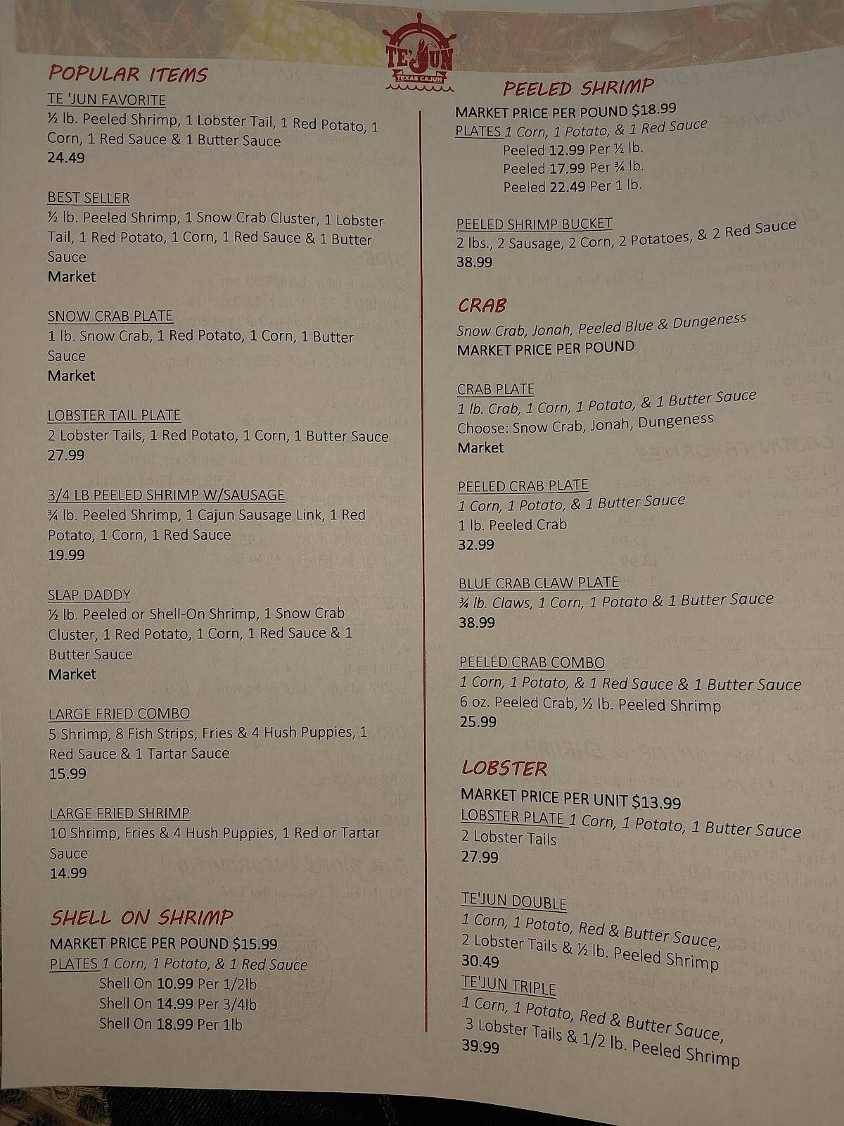 Menu at Tejun The Texas Cajun- Robinson restaurant, Robinson