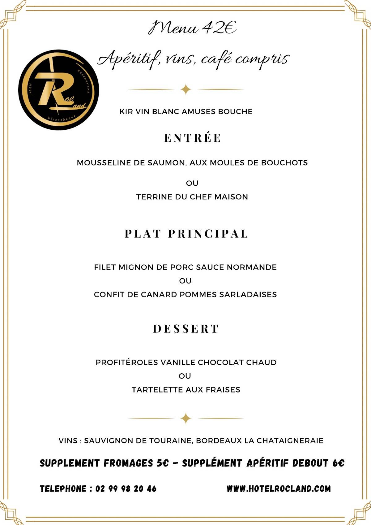 Menu au Roc Land Restaurant Hôtel Discothèque, Tremblay