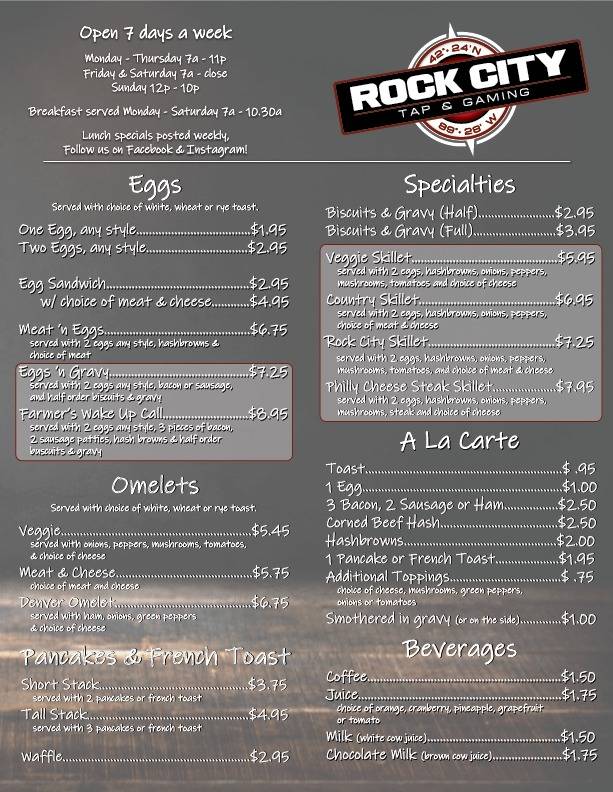 Menu at Rock City Tap Inc pub & bar, Rock City