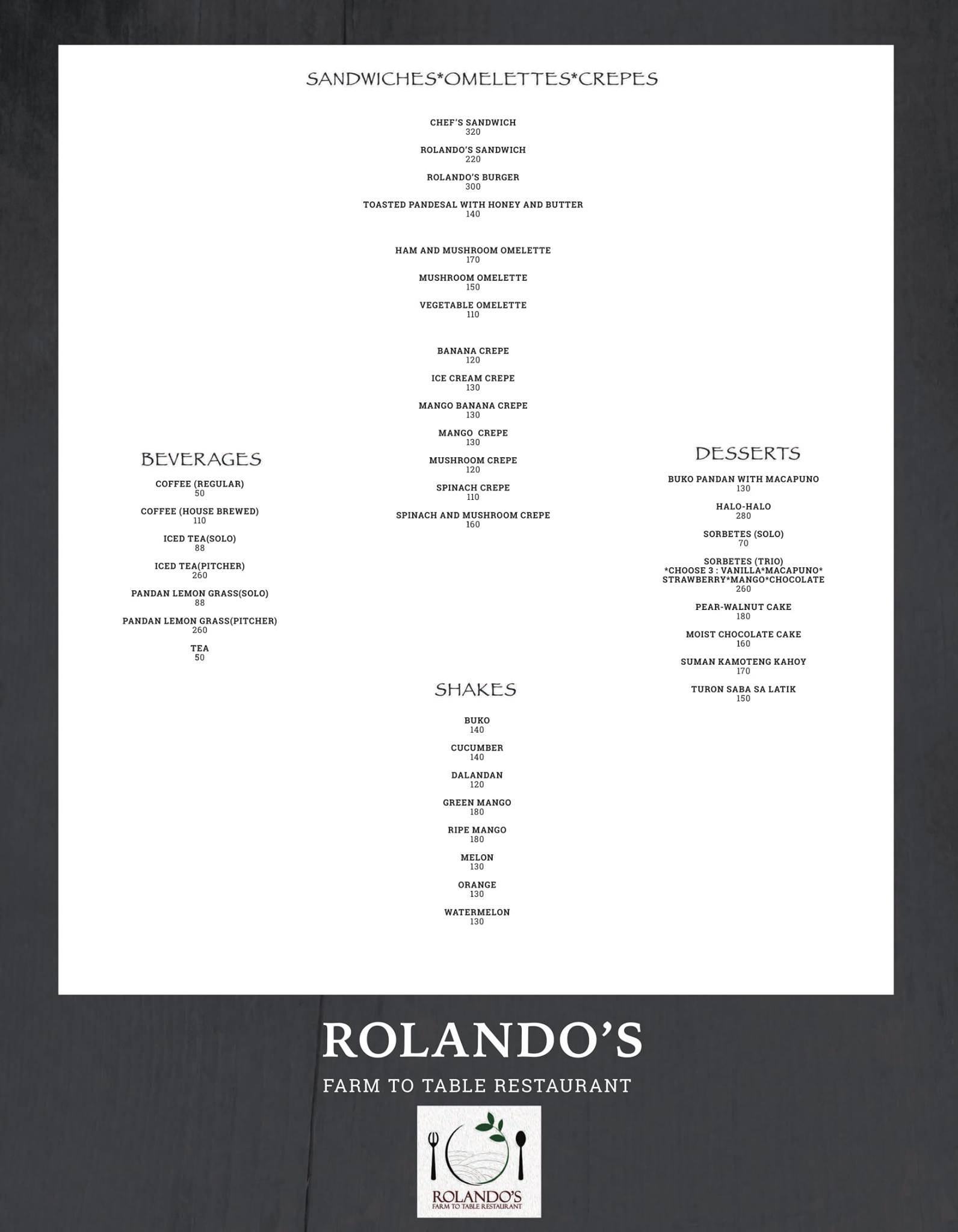 Menu at Rolando's Farm to Table Restaurant, Quezon City, Florville Building