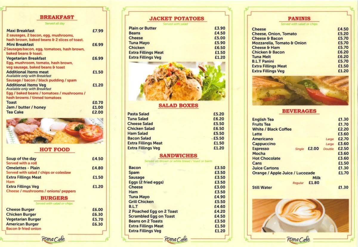Menu at Roma cafe, Manchester