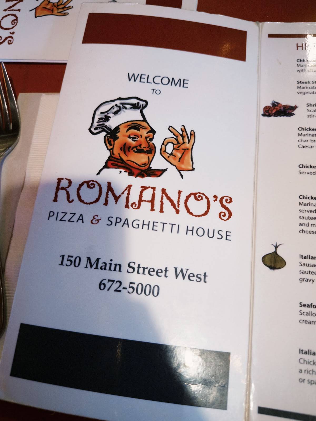 Menu at Romano's pizzeria, Saint John