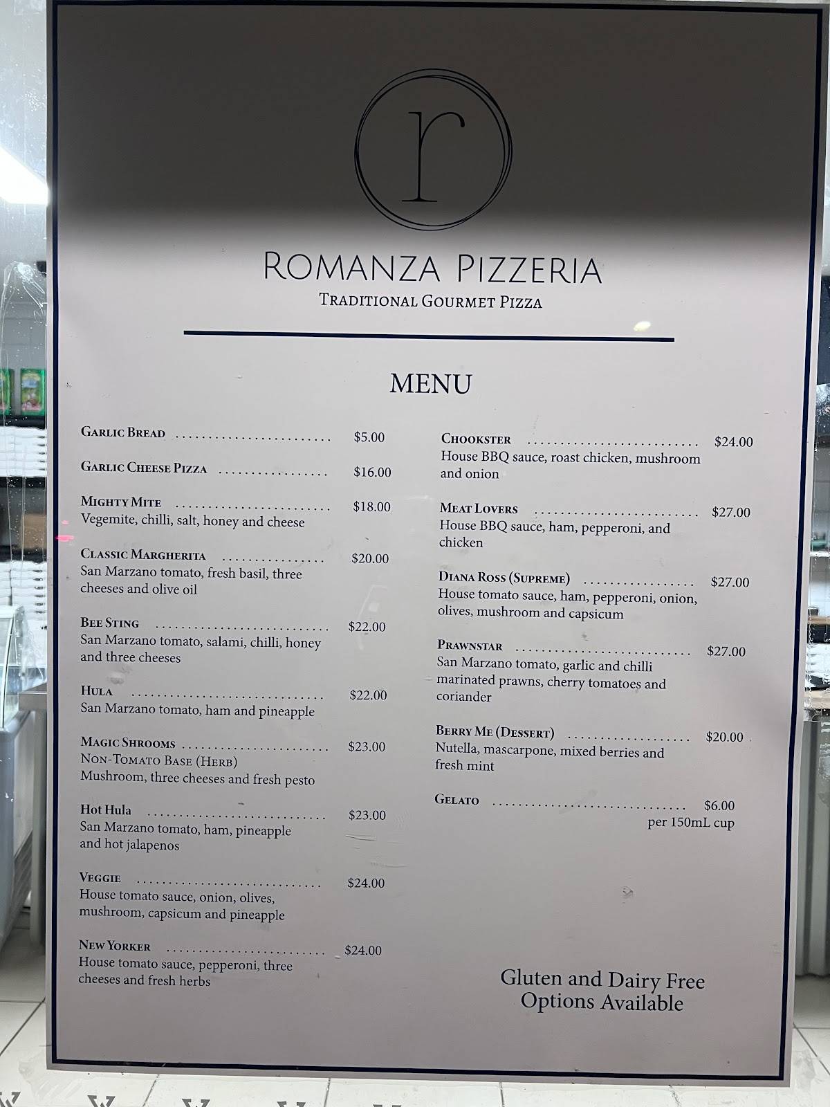 Menu at Romanza Pizzeria, Anna Bay