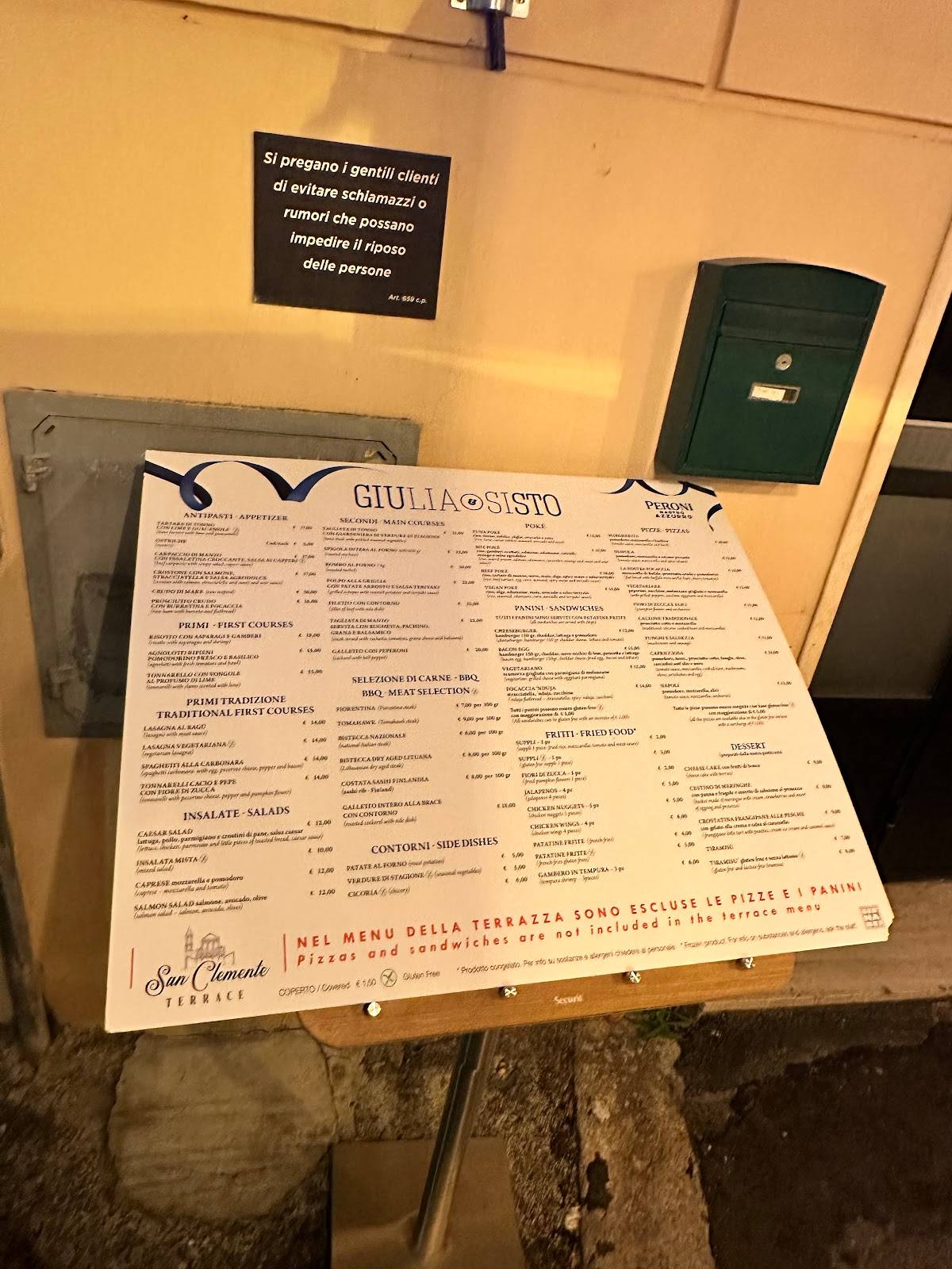Menu at Giulia&Sisto Roma restaurant, Rome