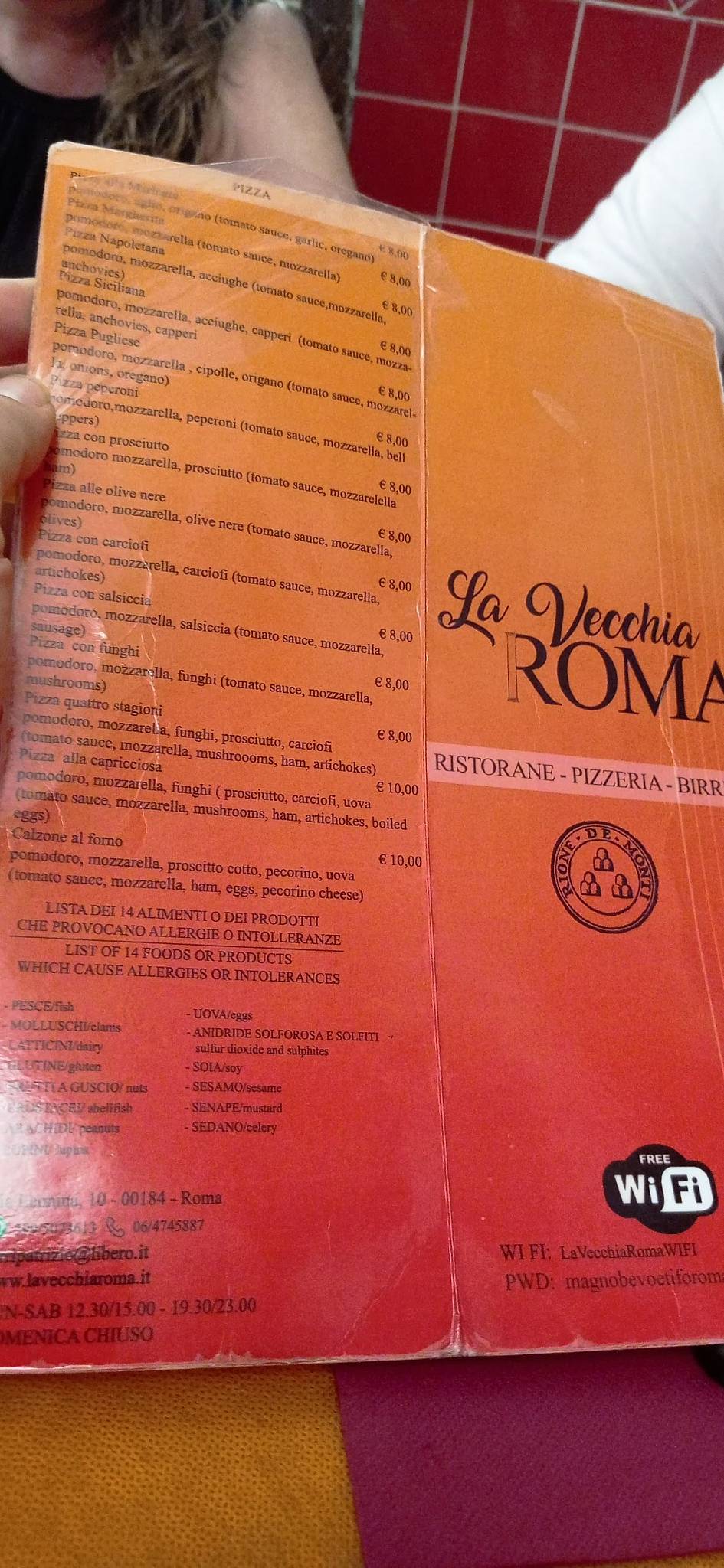 Menu at La Vecchia Roma pizzeria, Rome, Via Leonina