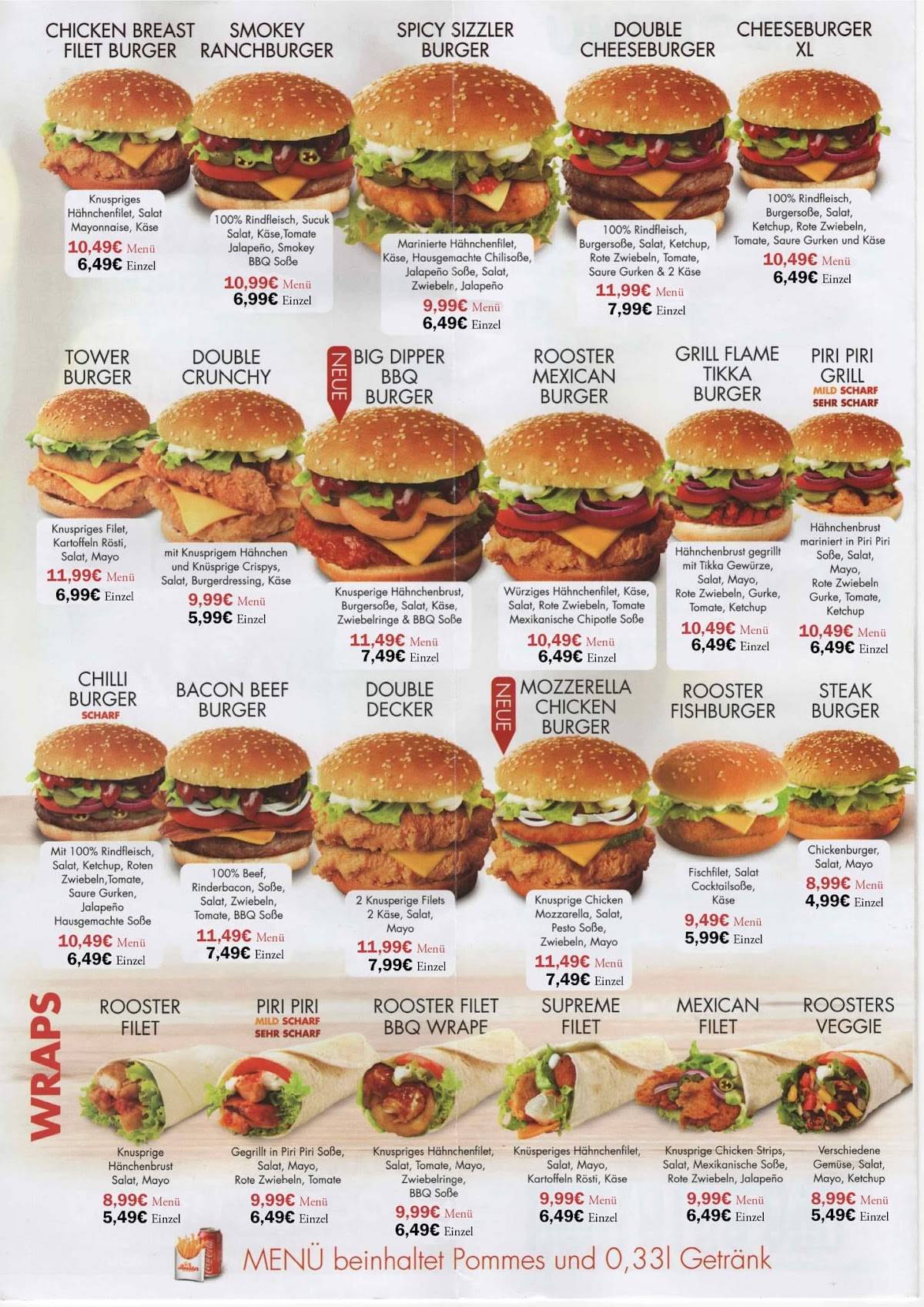 Menu at Rooster Fried Chicken restaurant, Frankfurt, Moselstraße 8