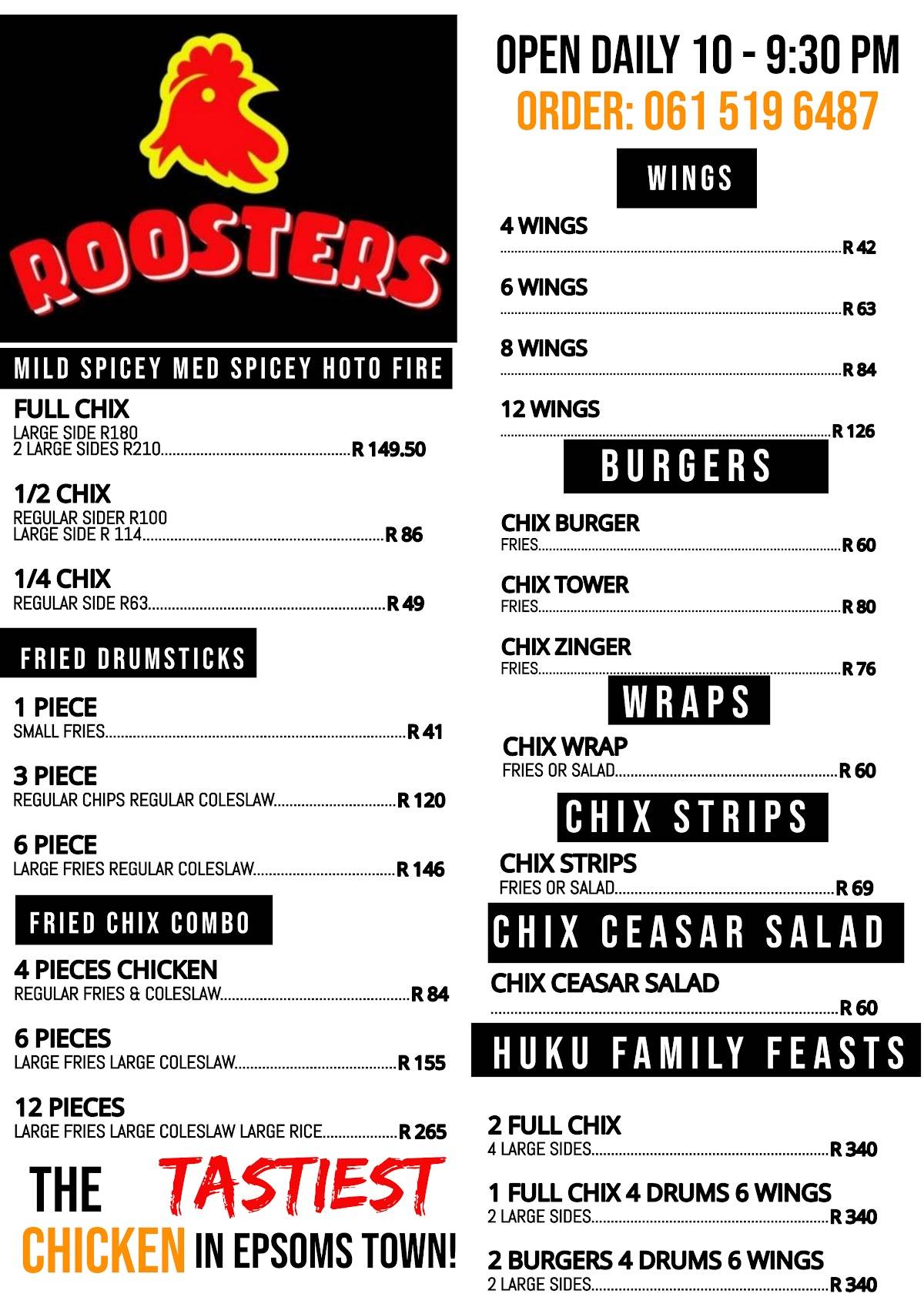 Menu at Roosters restaurant, Johannesburg