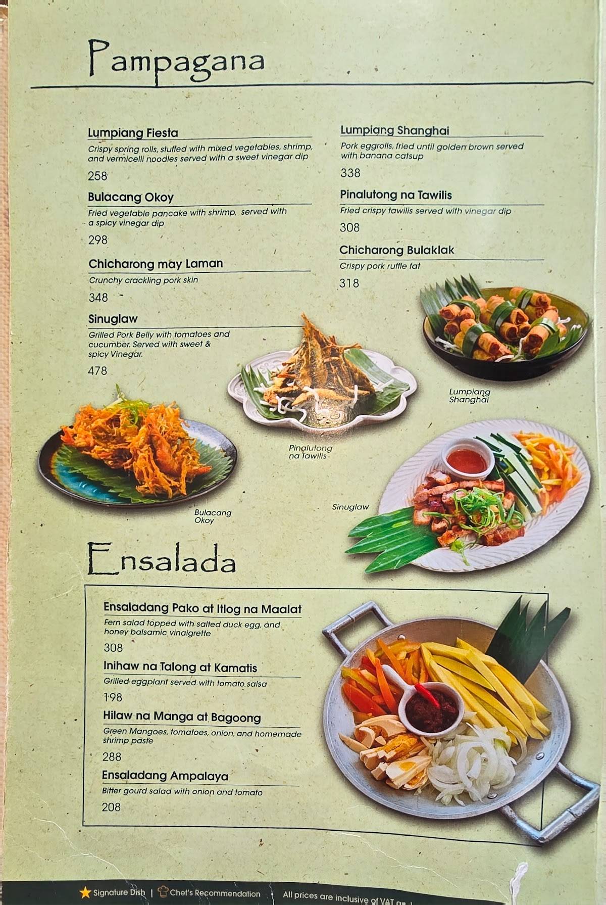 Menu at Rosario, Pamanang Panlasa restaurant, Tagaytay