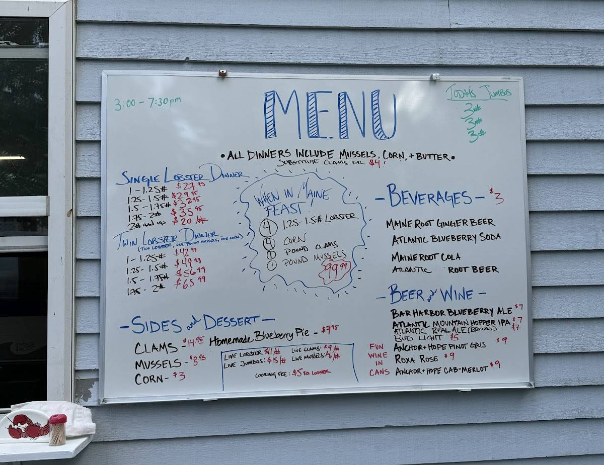 Menu at Rose Eden Lobster restaurant, Bar Harbor