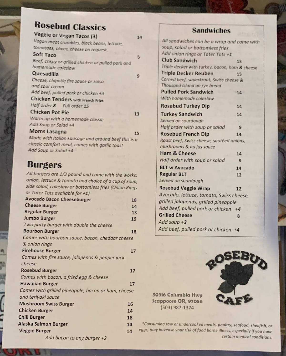 Menu at Rosebud Cafe, Scappoose