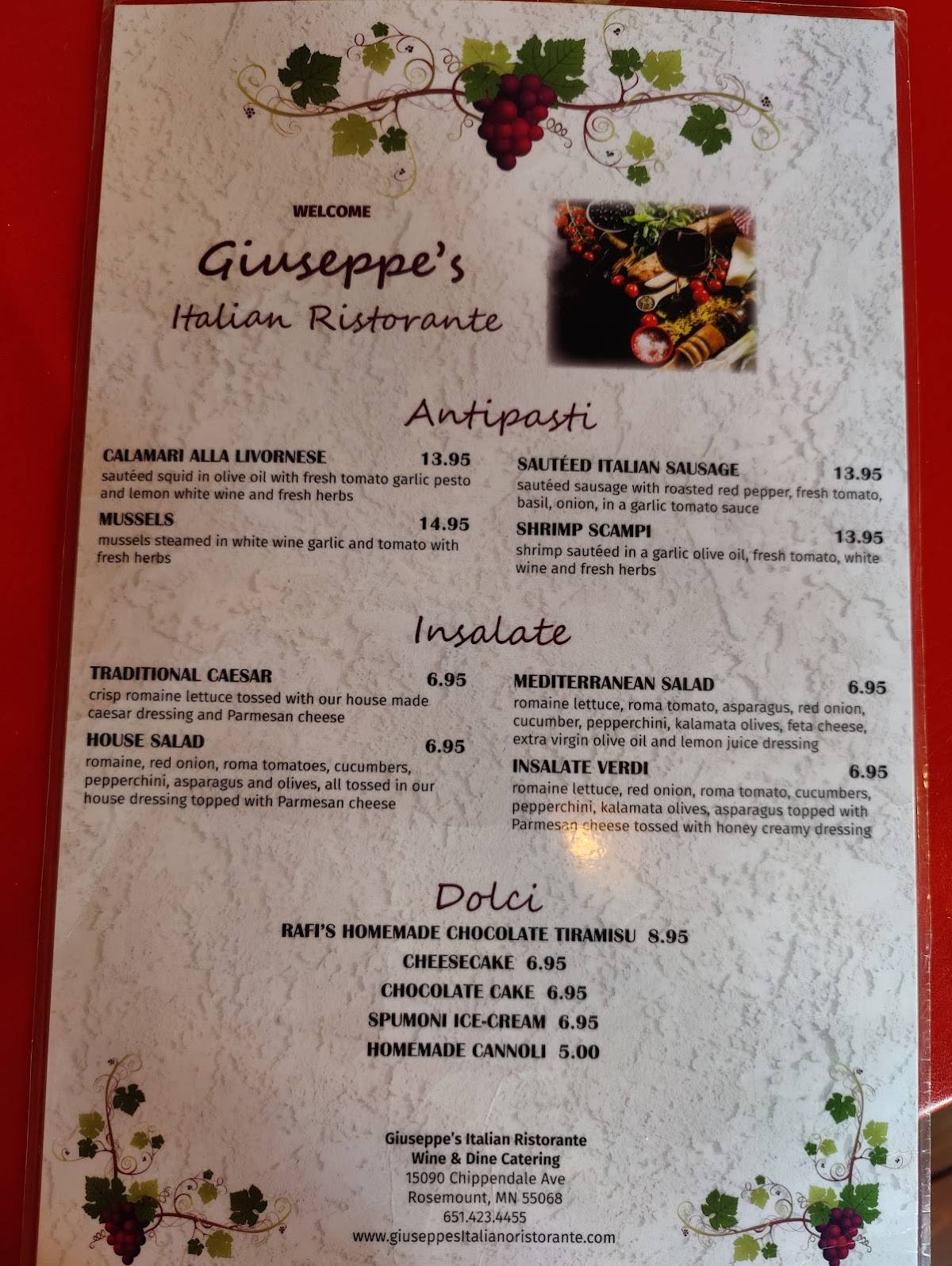 Menu at Giuseppe's Italian Ristorante restaurant, Rosemount