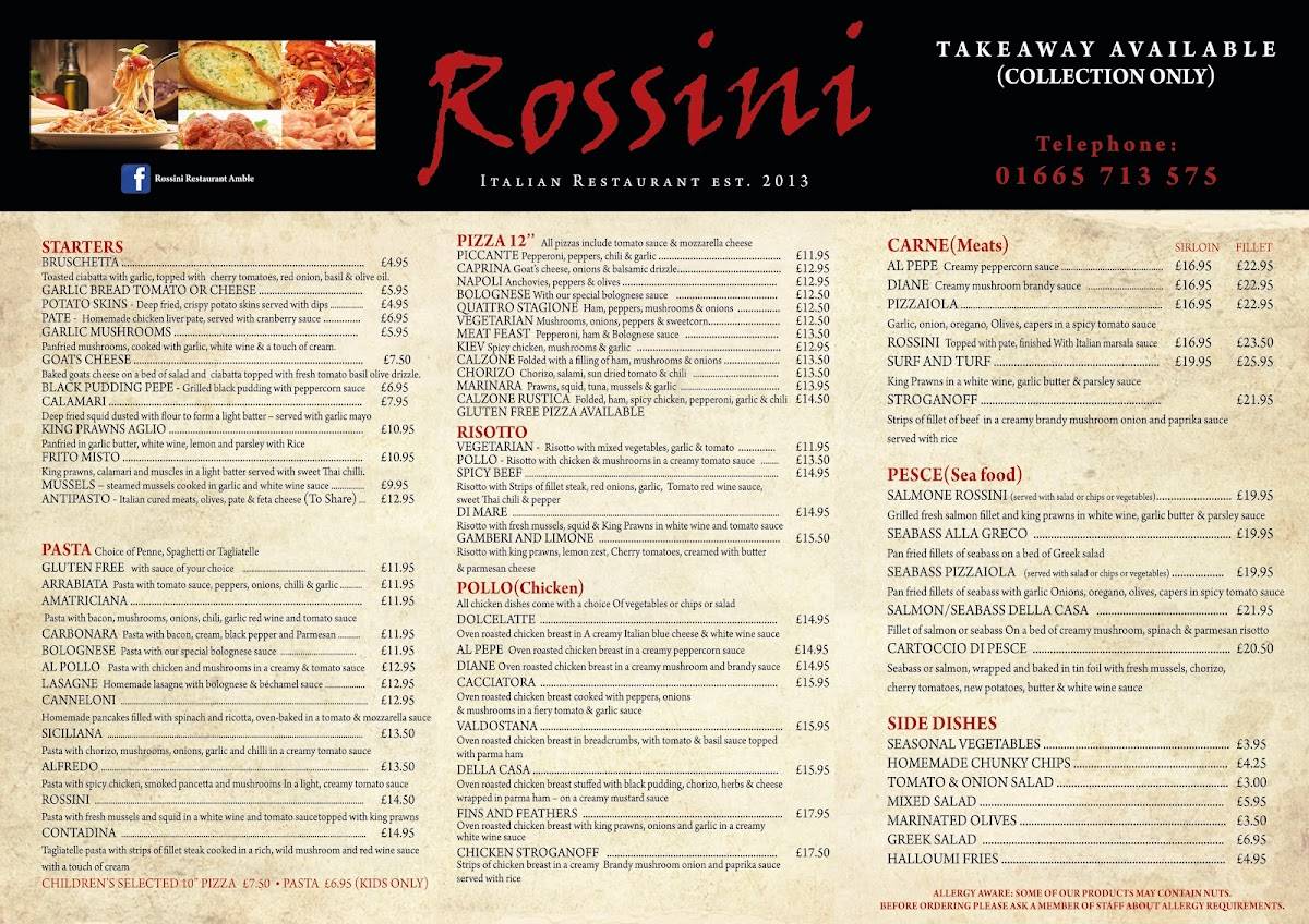 Menu at Rossini restaurant Amble, Warkworth