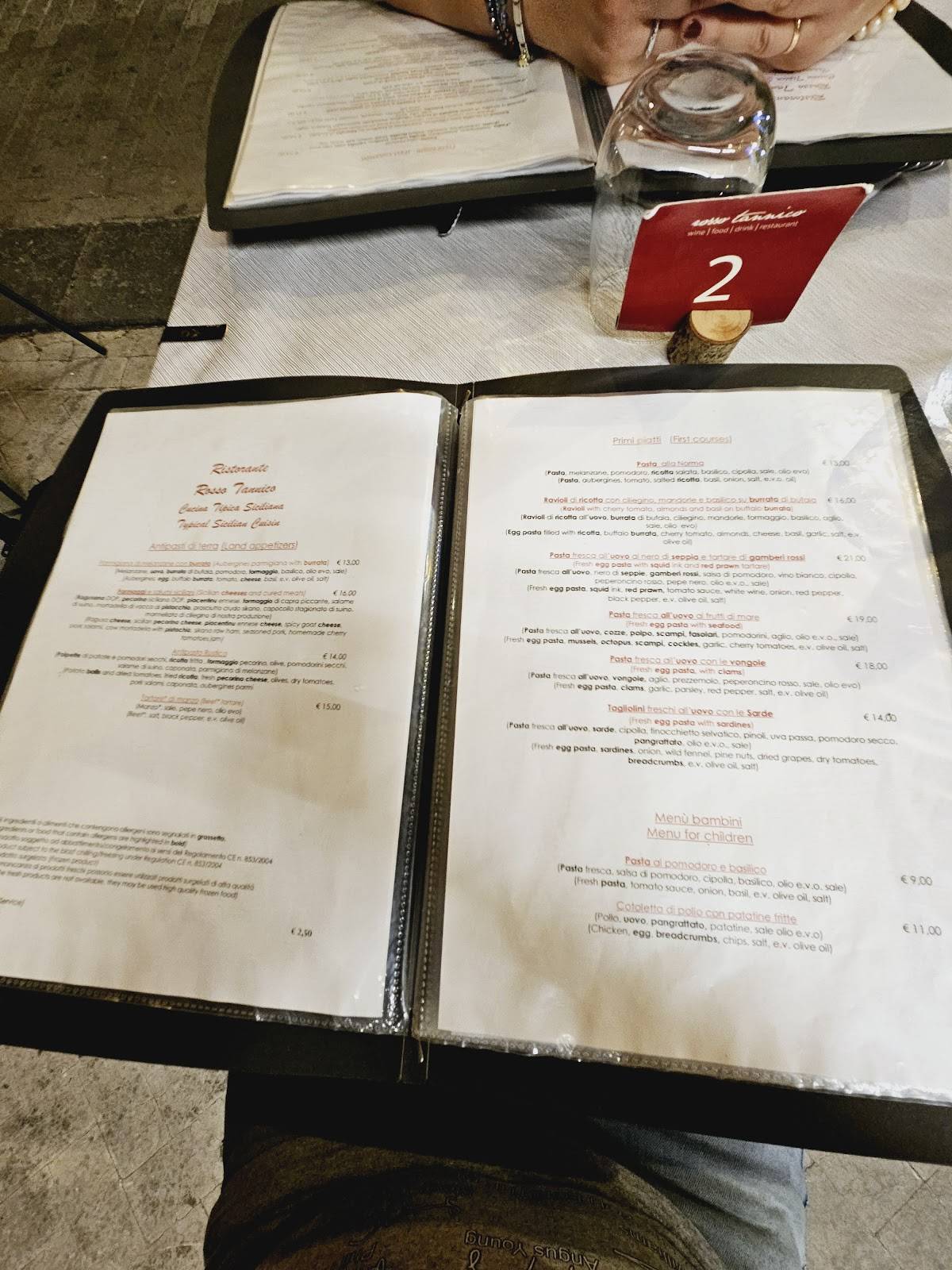 Menu au Rosso Tannico restaurant, Noto