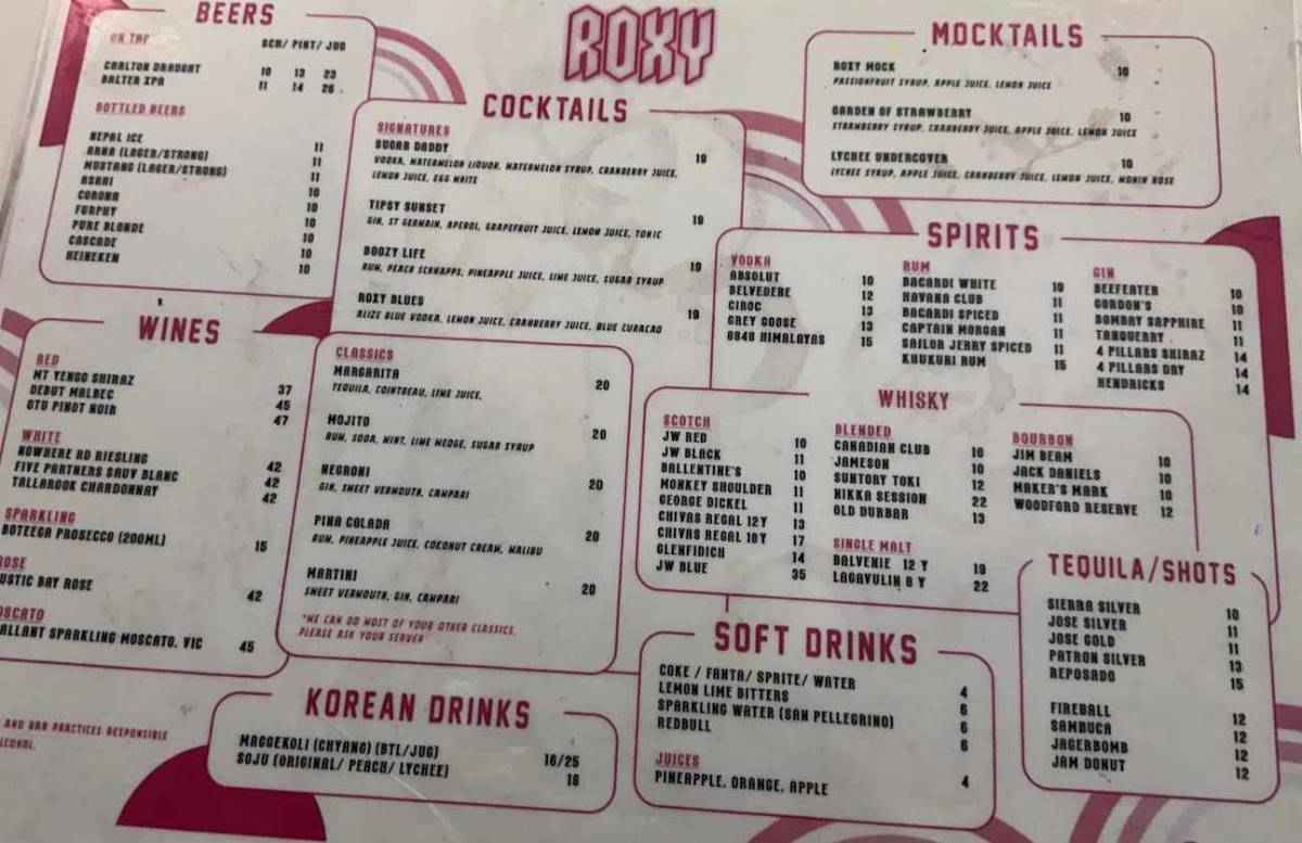 Menu at Roxy Kitchen and Bar, Melbourne